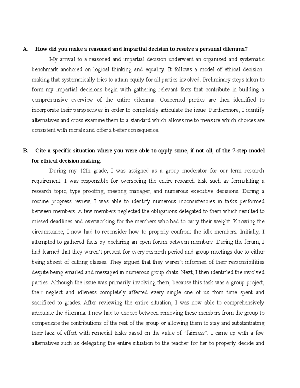 Reason and Impartiality - A. How did you make a reasoned and impartial ...