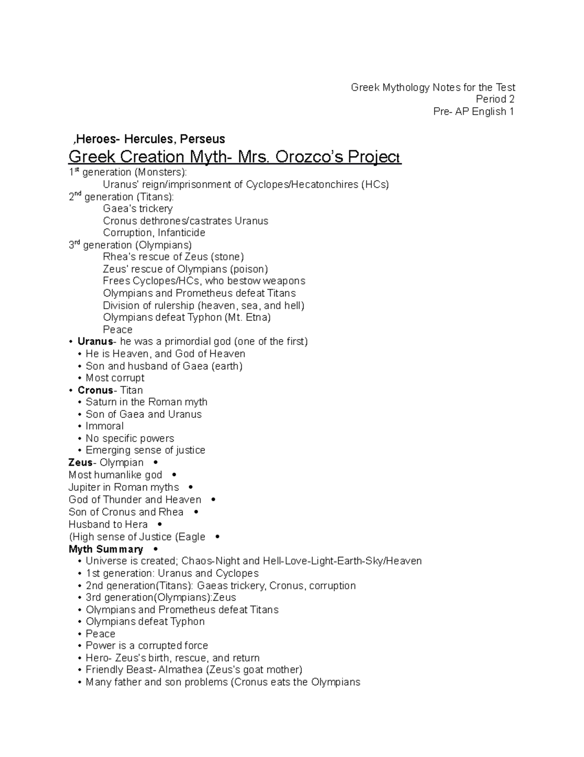 Greek Mythology Notes - Orozco’s Projec t 1 st generation (Monsters ...