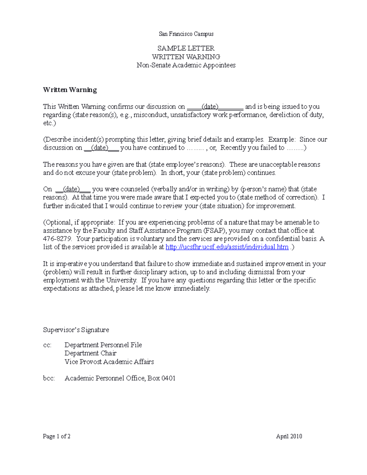 Employee warning letter 03 - San Francisco Campus SAMPLE LETTER WRITTEN ...