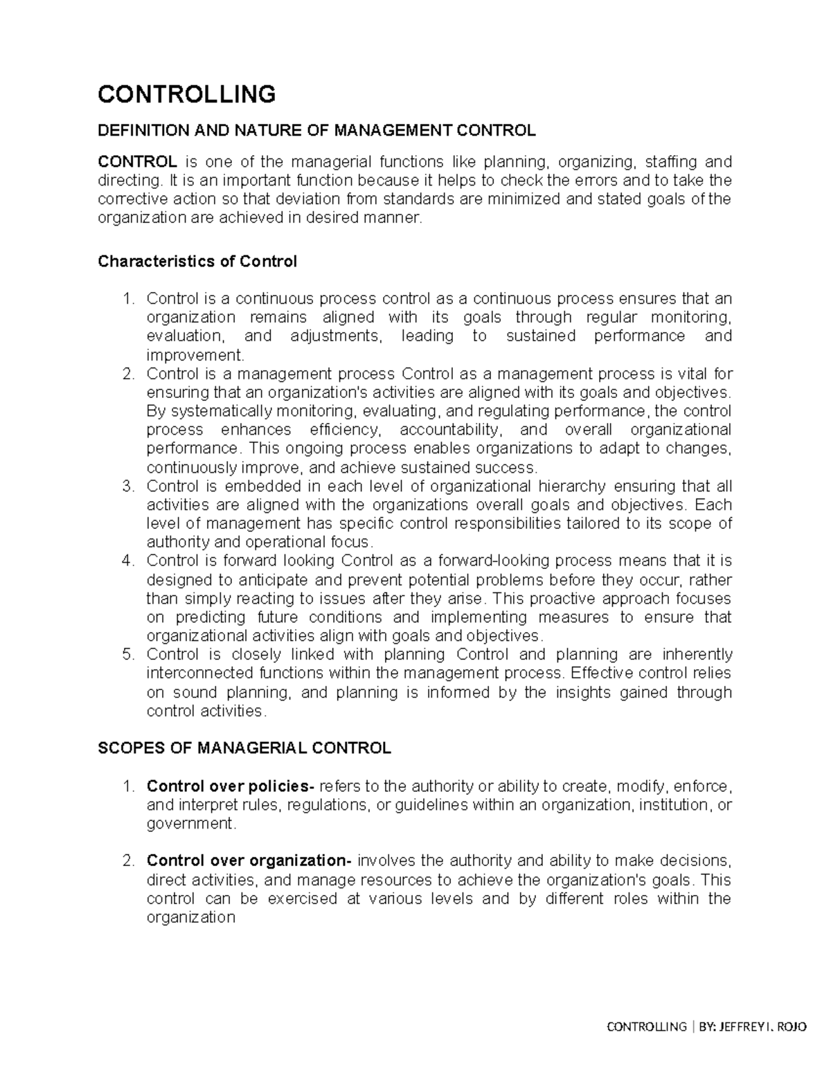 1 Summary Controlling - CONTROLLING | BY: JEFFREY I. ROJO CONTROLLING ...