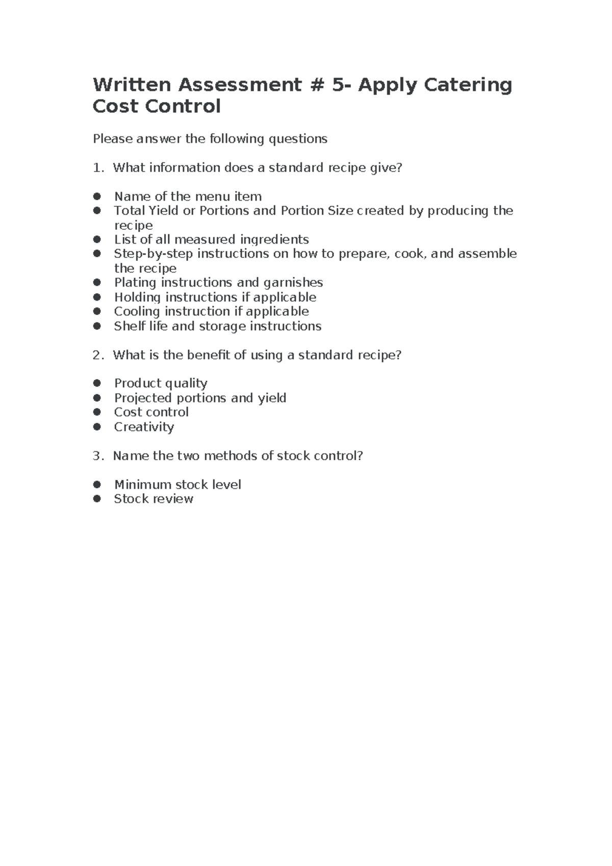Written Assessment 1 - What information does a standard recipe give ...