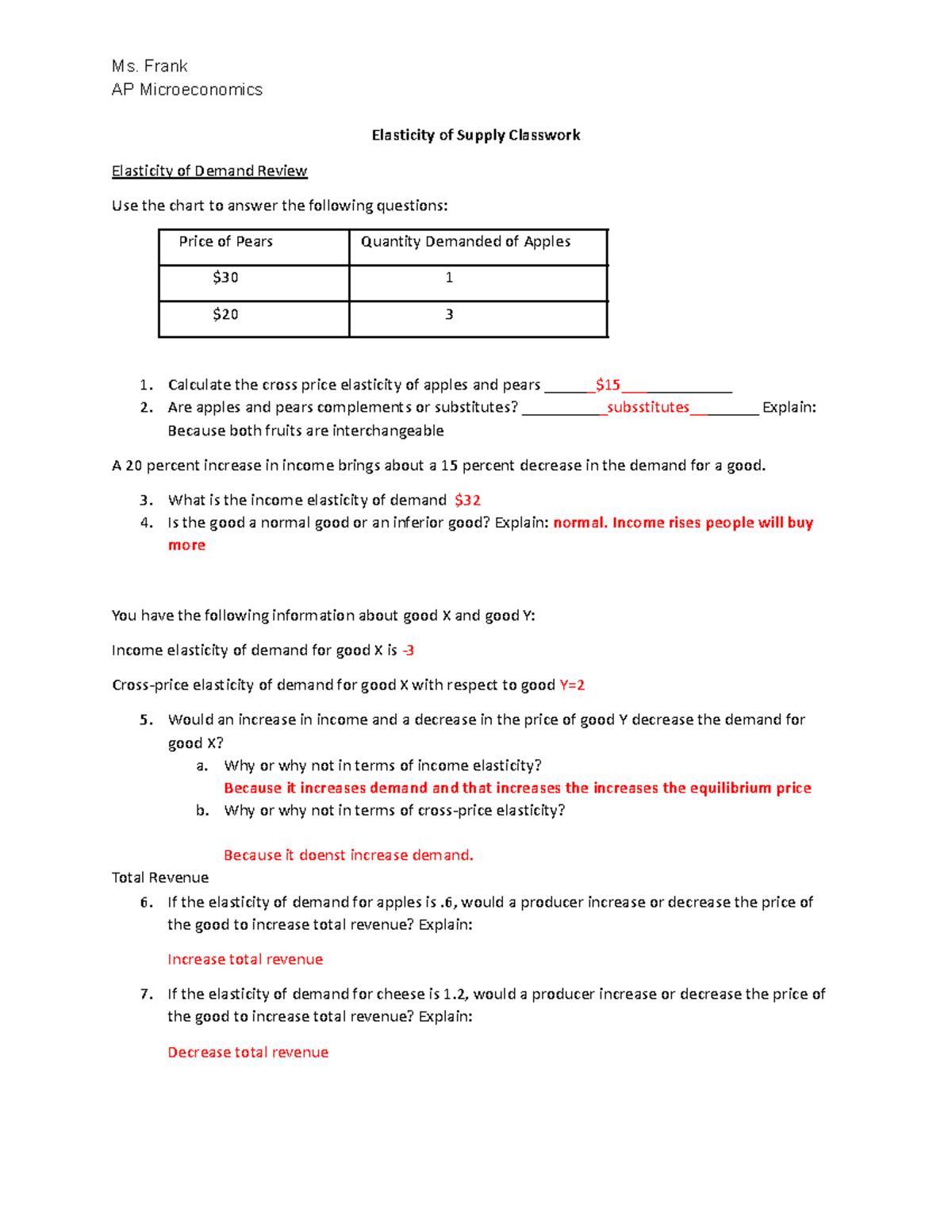 Elasticity of Supply Classwork - Ms. Frank AP Microeconomics Elasticity ...