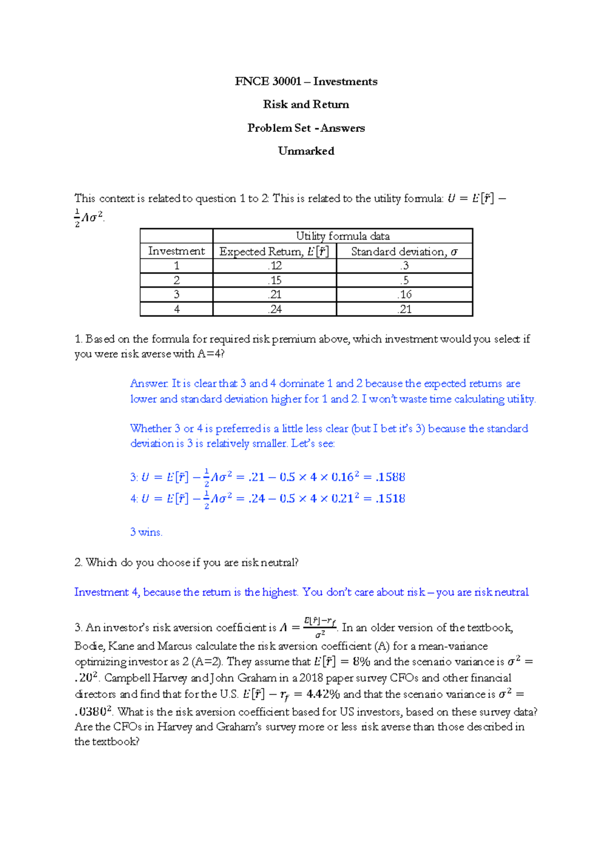 Week4 Answers Risk And Return-2 - FNCE 30001 – Investments Risk and ...
