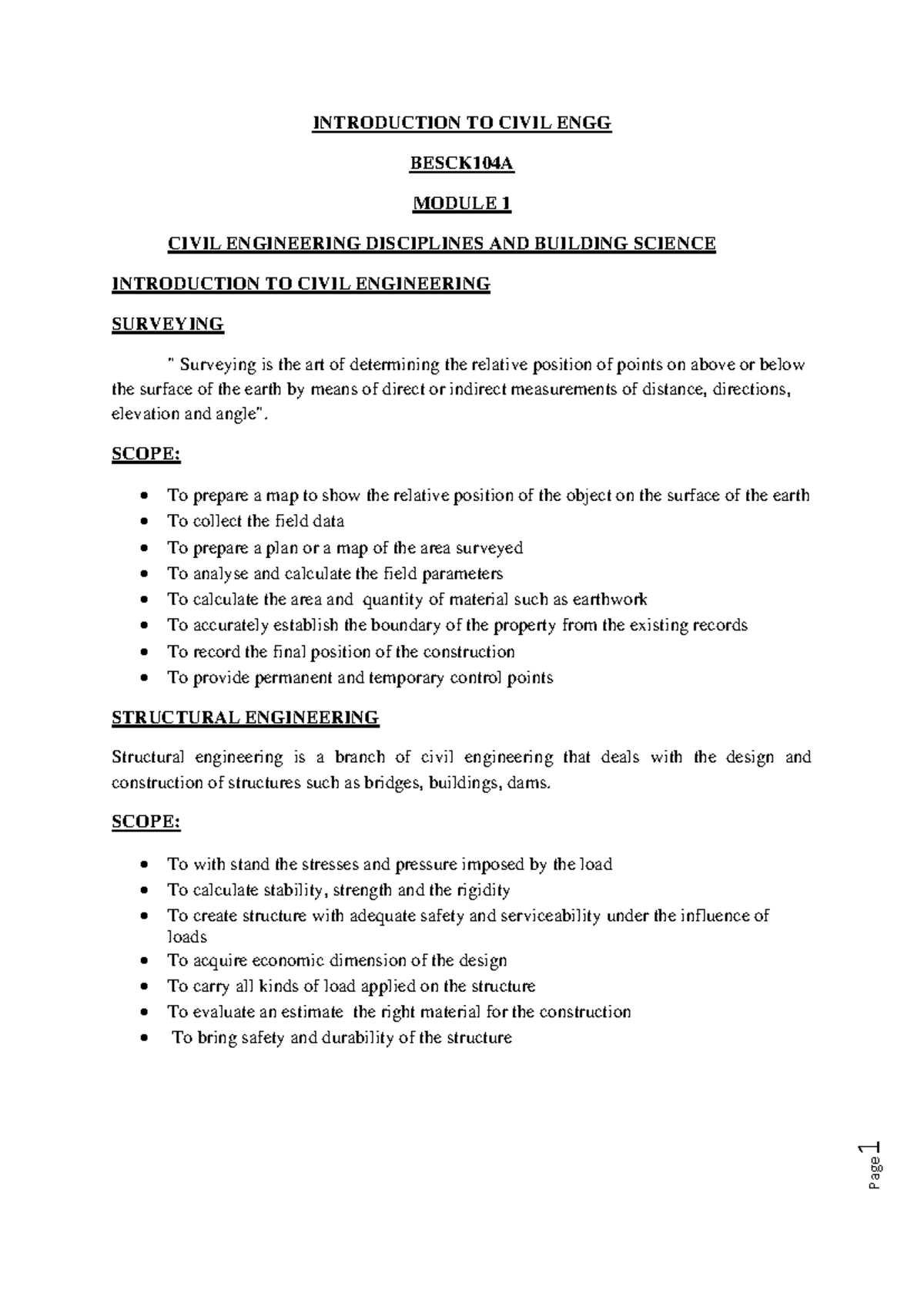 ICE Module 1 - notes - 1 INTRODUCTION TO CIVIL ENGG BESCK104A MODULE 1 ...