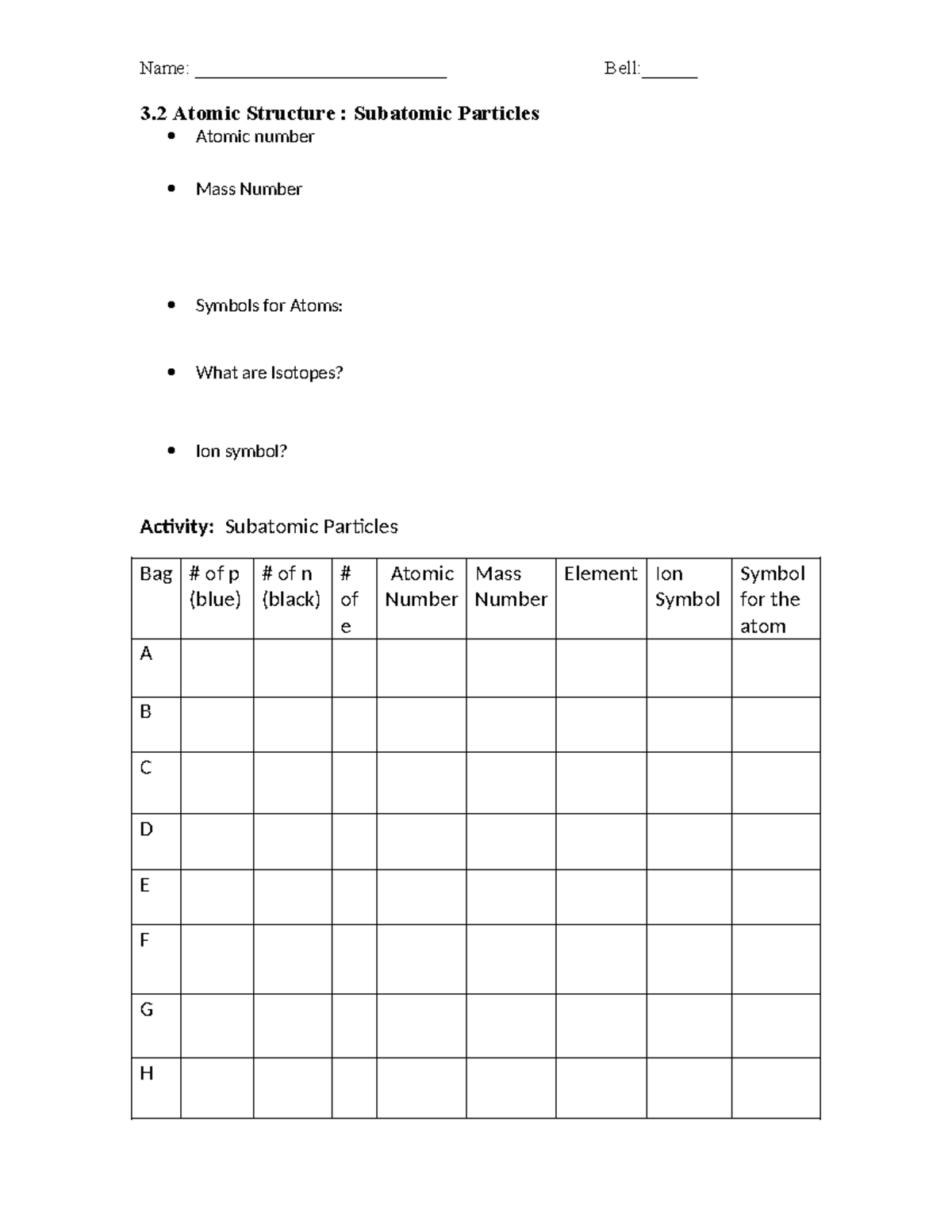 3 2 Subatomic Particles Activity - 3 Atomic Structure : Subatomic ...
