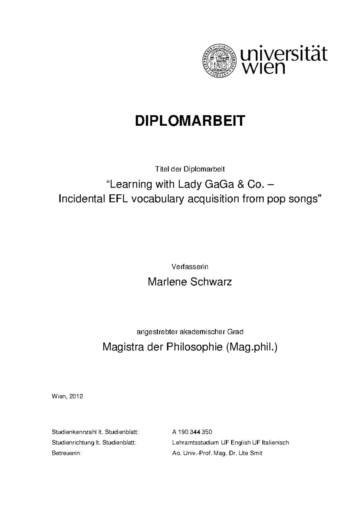 Lady gaga incidental efl leraning vocab - DIPLOMARBEIT Titel der Diplomarbeit “Learning with ...
