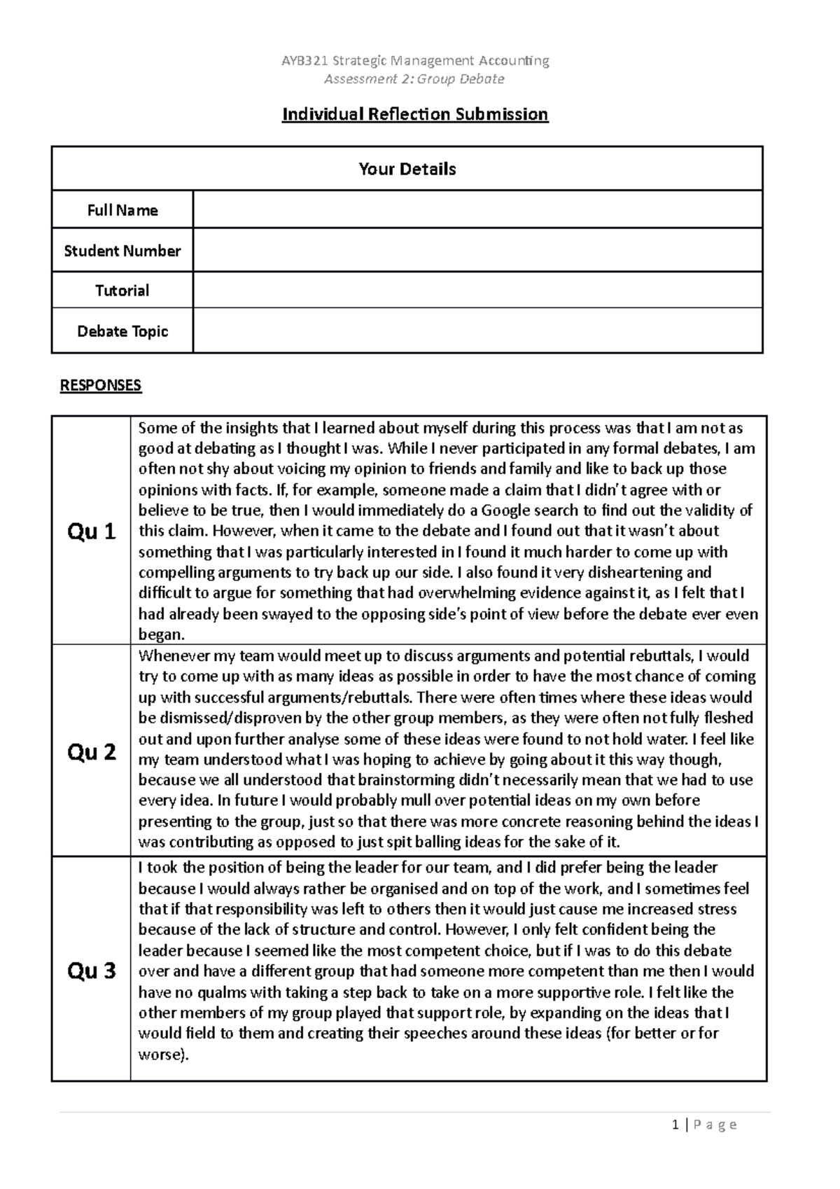 Individual Reflection Stu Docu - AYB321 Strategic Management Accounting ...