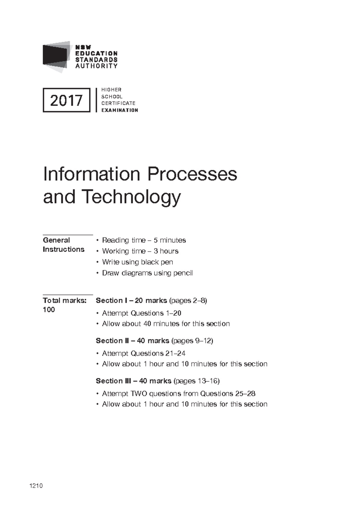 2017-hsc-ipt - pSt paper - 2017 HIGHER SCHOOL CERTIFICATE EXAMINATION Information Processes and ...
