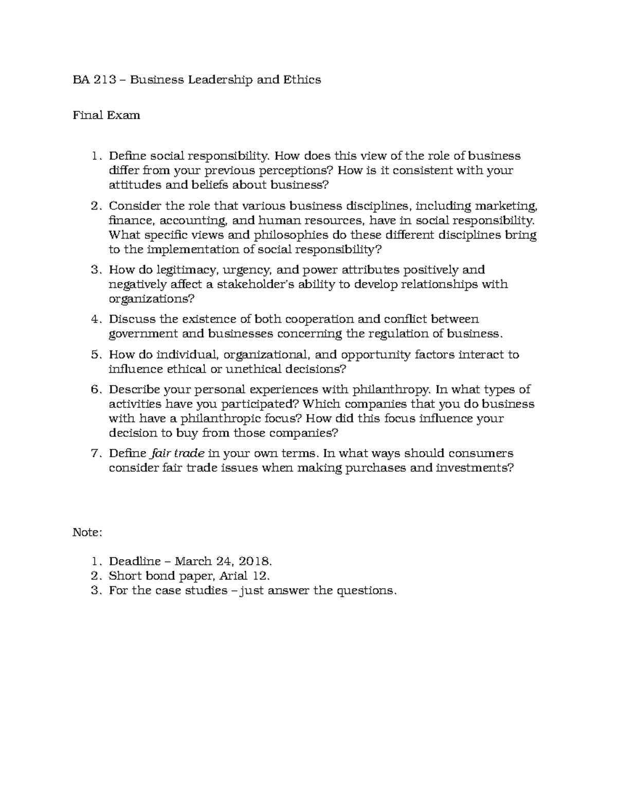 Final Exam 14 March 2018, questions - BA 213 – Business Leadership and ...