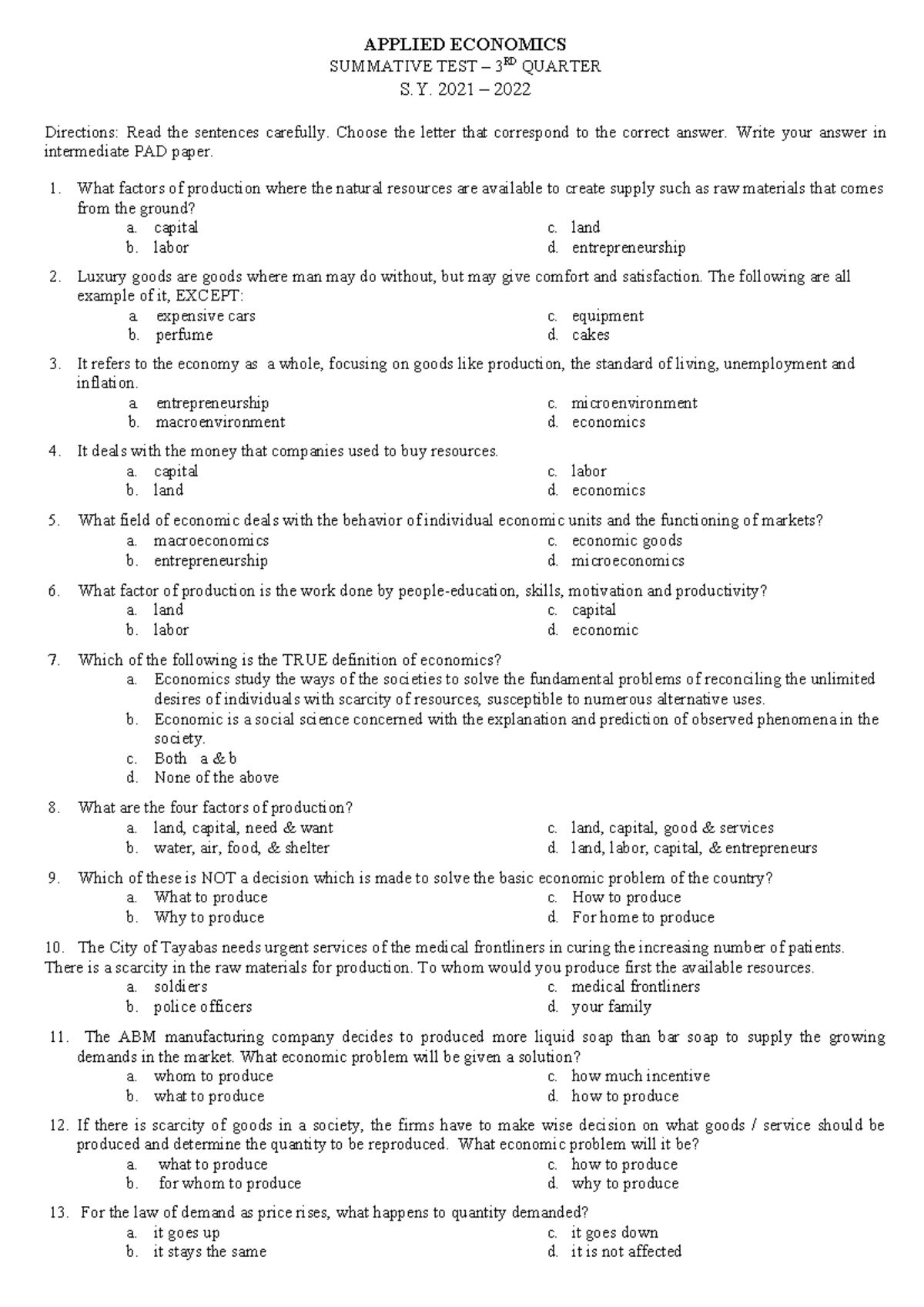 Summative TEST 3RD QTR - Economics - 2021-2022 - APPLIED ECONOMICS ...