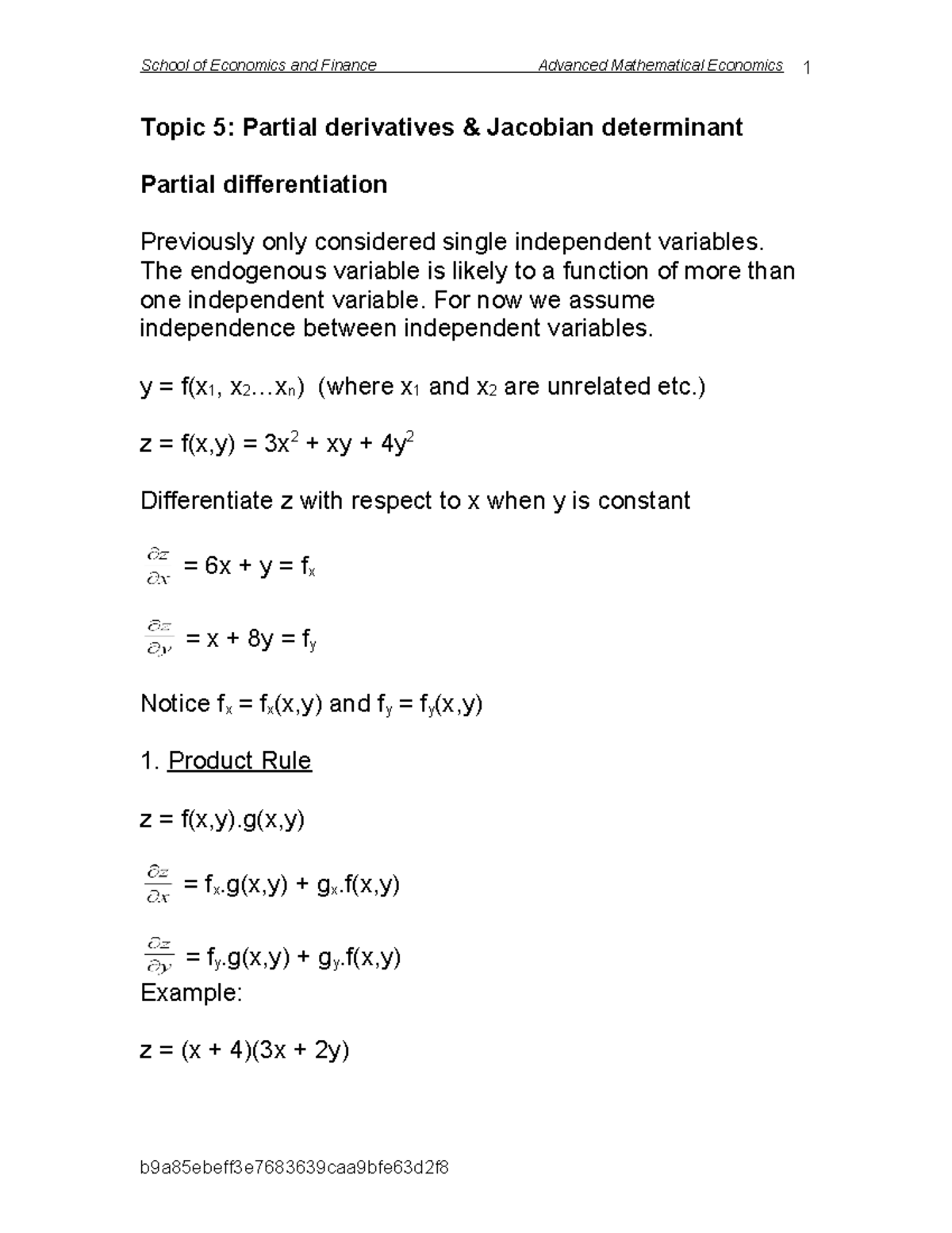 Econ310 Topic 5 Notes - Topic 5: Partial derivatives & Jacobian ...