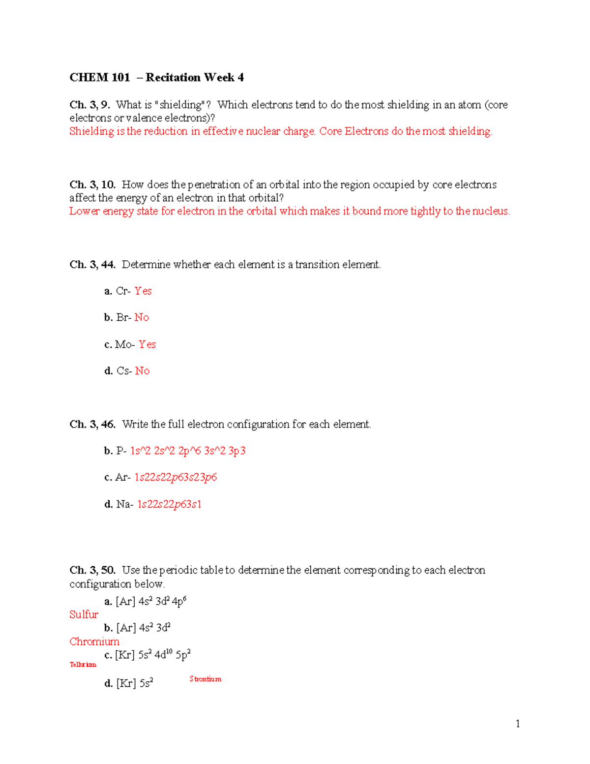 Chem Recitation Week 4 Completed - CHEM 101 – Recitation Week 4 Ch. 3 ...