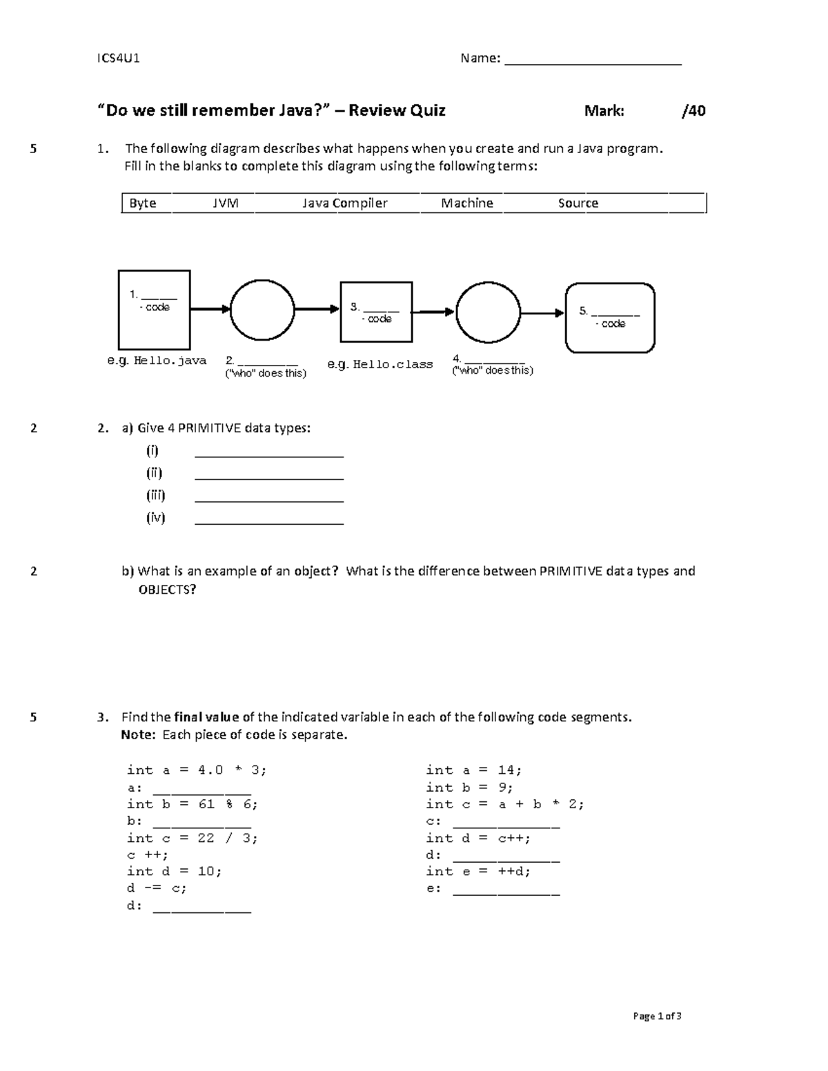Review Formative Assessment - ICS4U1 Name ...