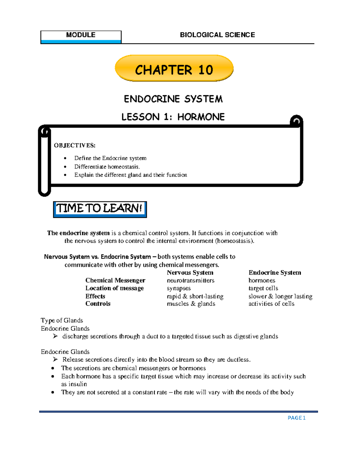 Bio 10 - .... - ENDOCRINE SYSTEM LESSON 1: HORMONE The endocrine system ...