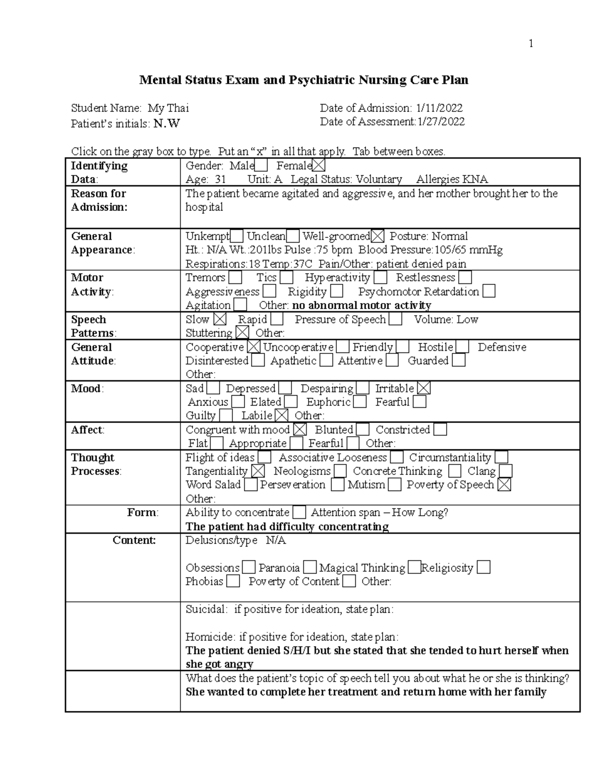 2021Psych Care Plan2-5-1 - Mental Status Exam and Psychiatric Nursing ...