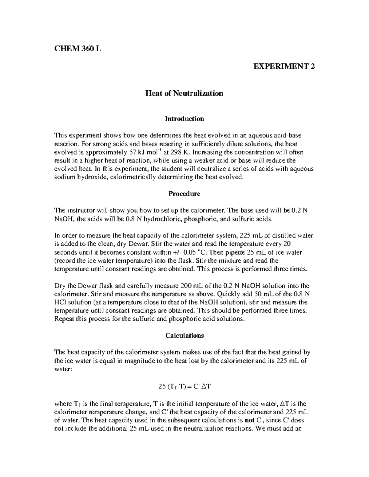 Lab 2 Handout - CHEM 360 L EXPERIMENT 2 Heat of Neutralization ...