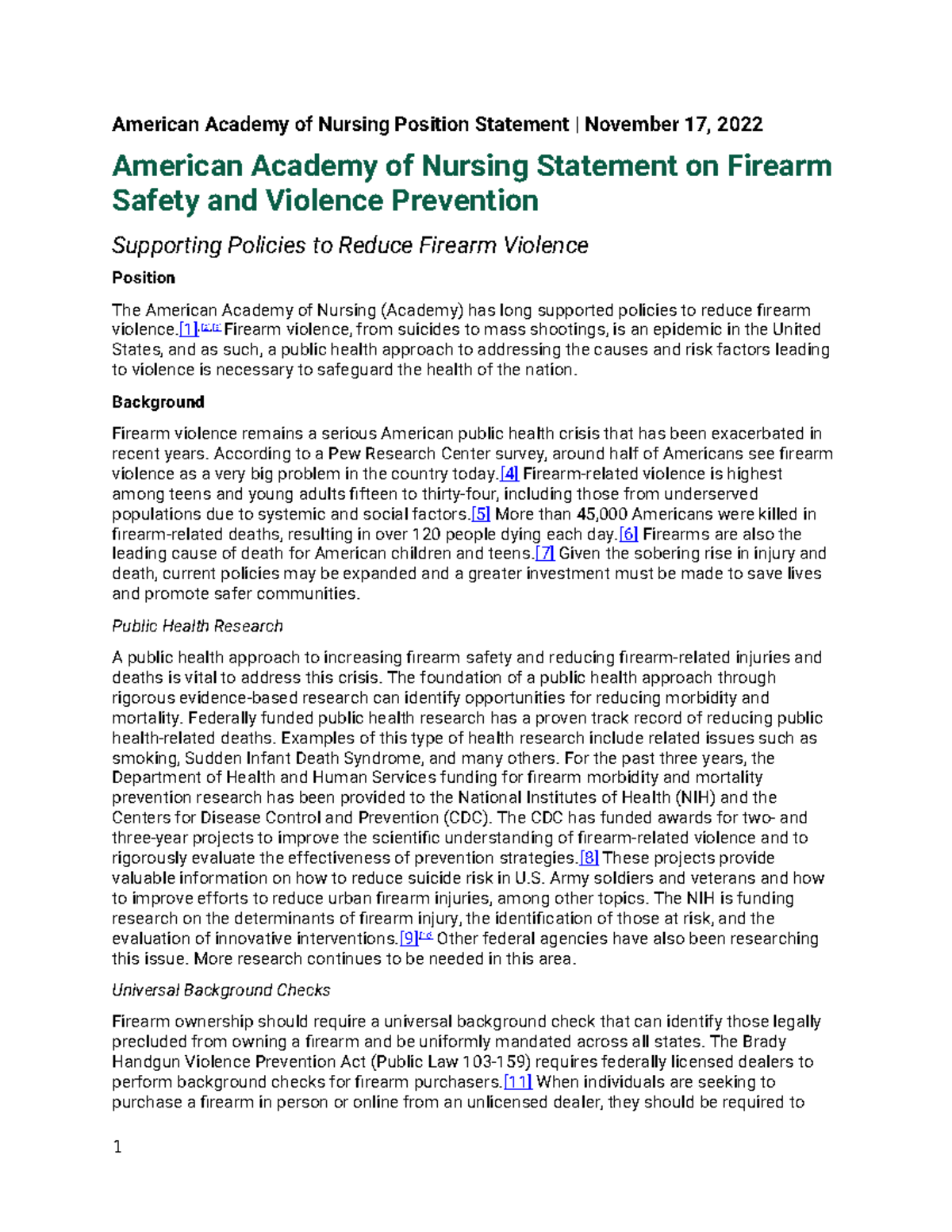 American Academy of Nursing Position Statement - [1], [2], [3] Firearm ...
