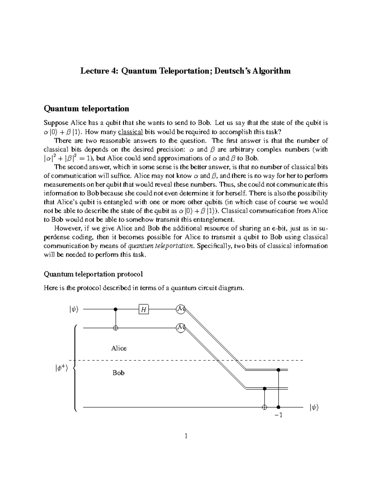 Lecture 4 Quantum Teleportation Deutsch S Algorithm Cpsc Quantum Computation John Watrous