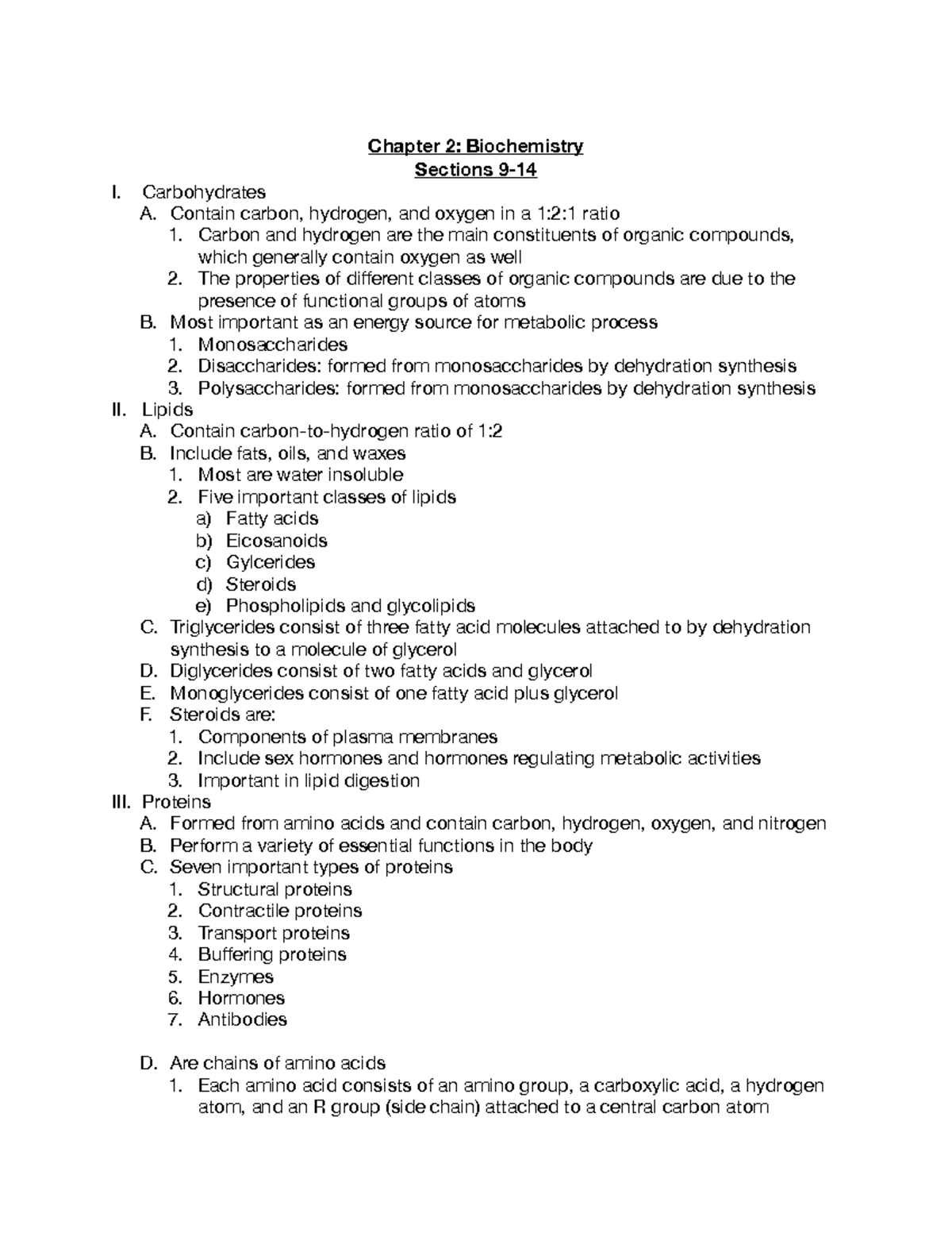 Biochem outline - Chapter 2: Biochemistry Sections 9- I. Carbohydrates ...