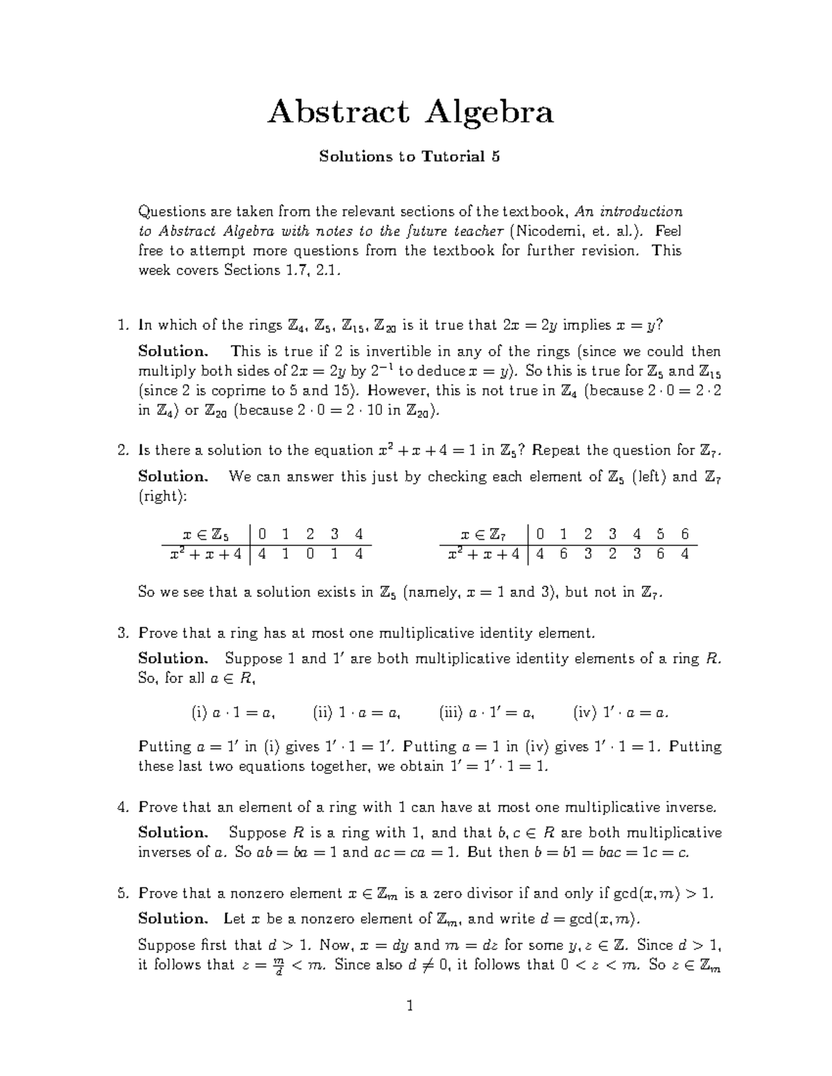 Abs Alg Tut 5 Q&A - Tutorial question - Abstract Algebra Solutions to ...