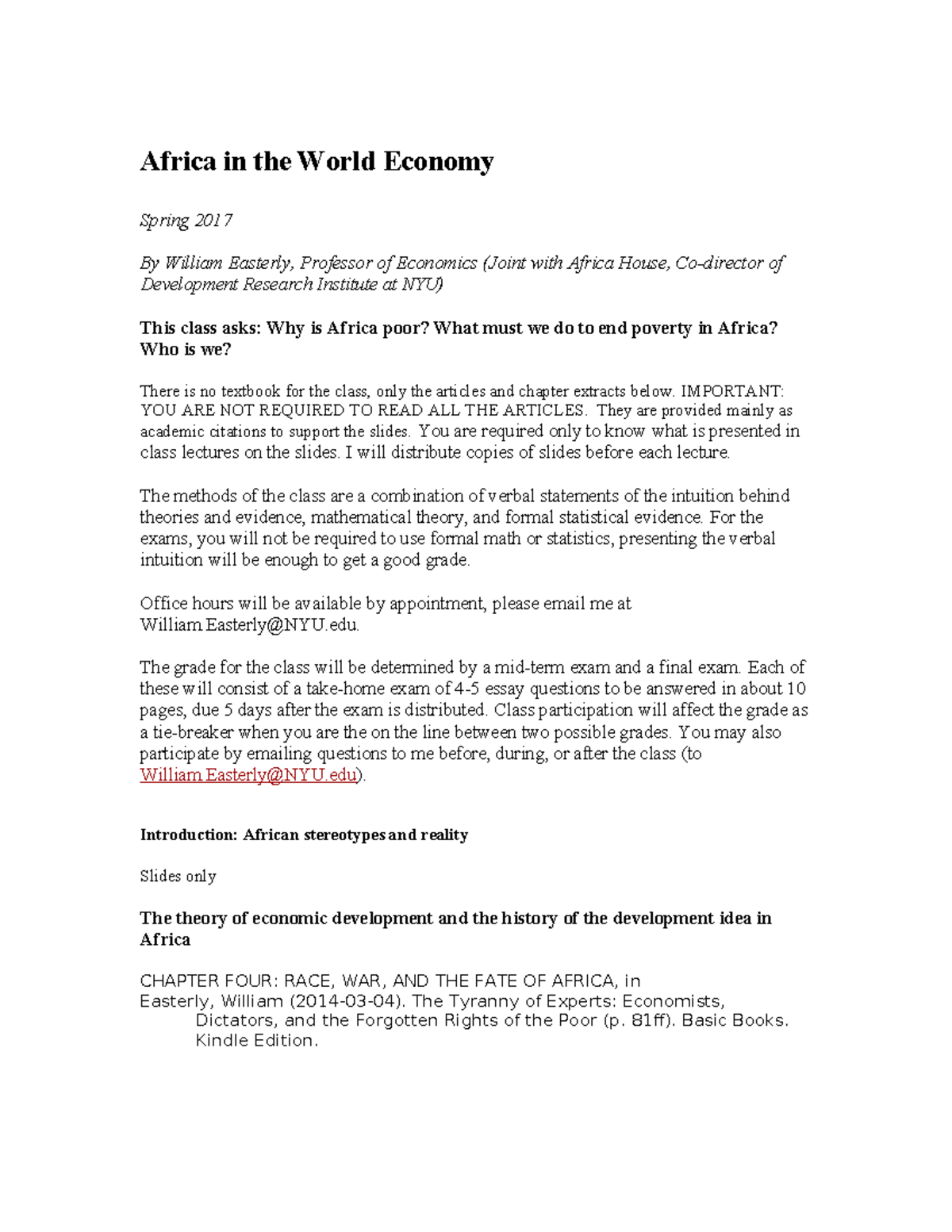 ECON 3001 topics Africa in the World Economy syllabus Easterly Spring ...