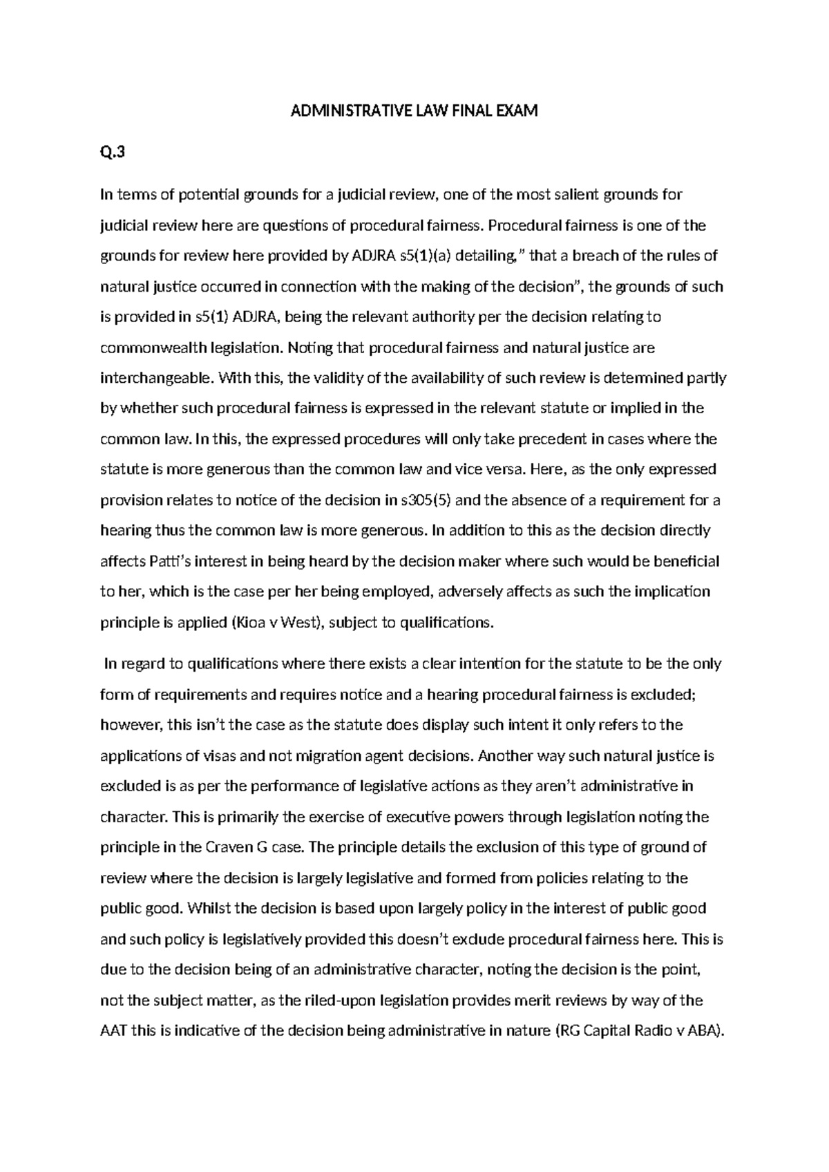 Administrative LAW Final EXAM - ADMINISTRATIVE LAW FINAL EXAM Q. In ...