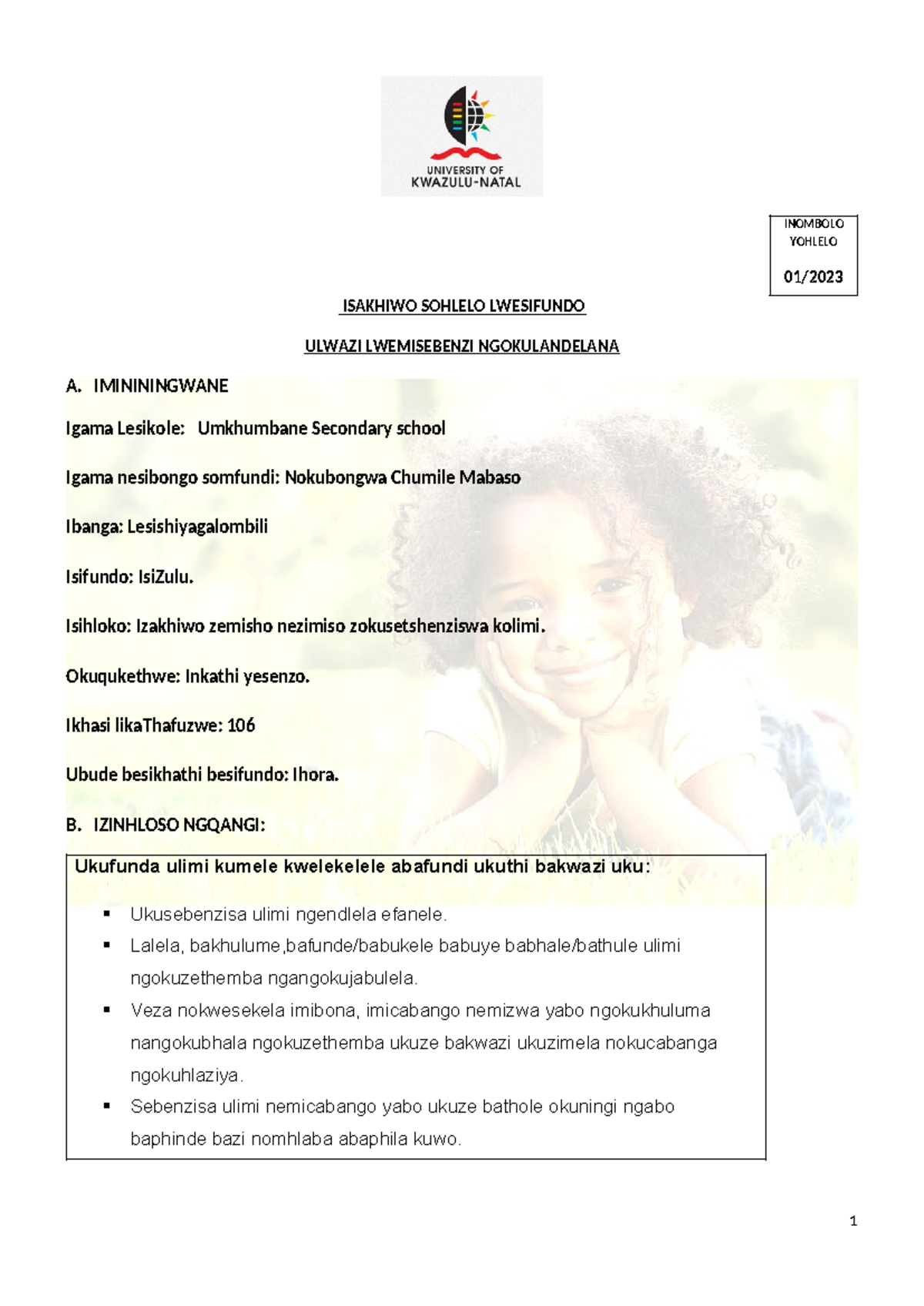 Isizulu lesson plan 5 umkhumbane sec - INOMBOLO YOHLELO 01/ ISAKHIWO ...