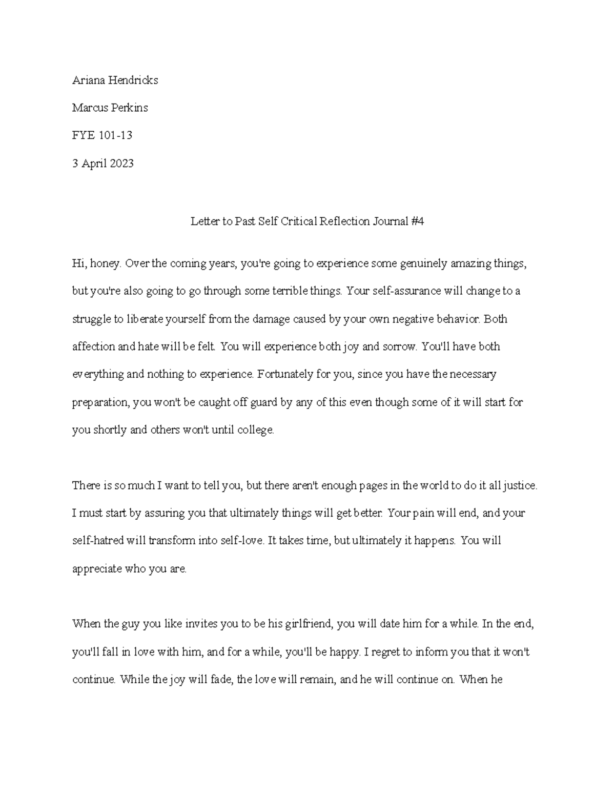 Letter to Past Self - Ariana Hendricks Marcus Perkins FYE 101- 3 April ...