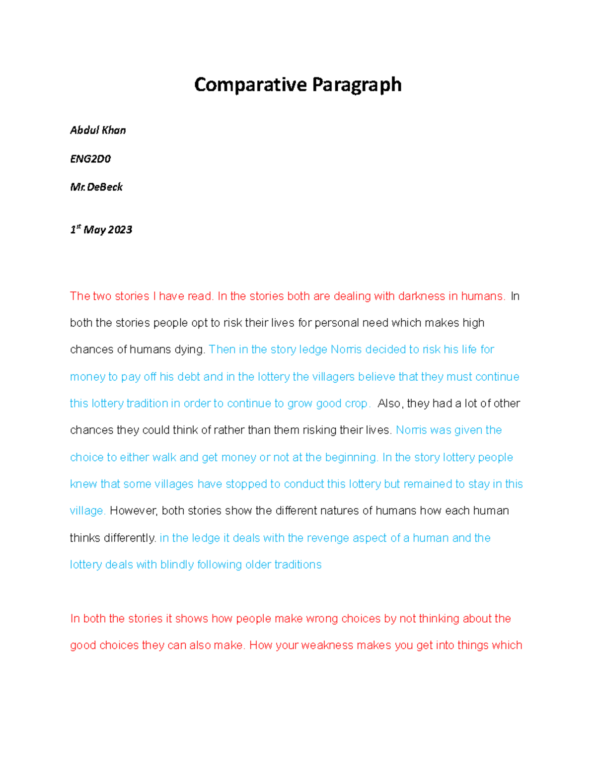 Comparative Paragraph - Comparative Paragraph Abdul Khan ENG2D Mr 1 st ...