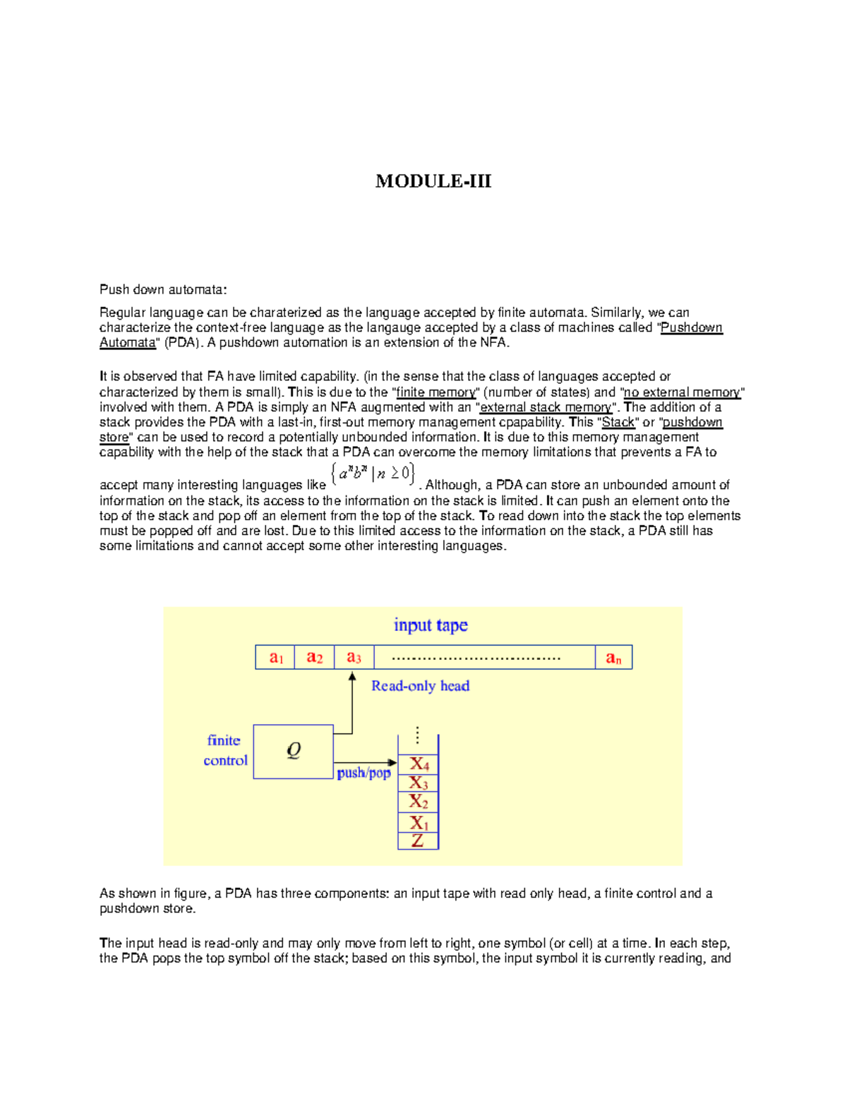 Push down automata: - Push down automata: Regular language can be ...