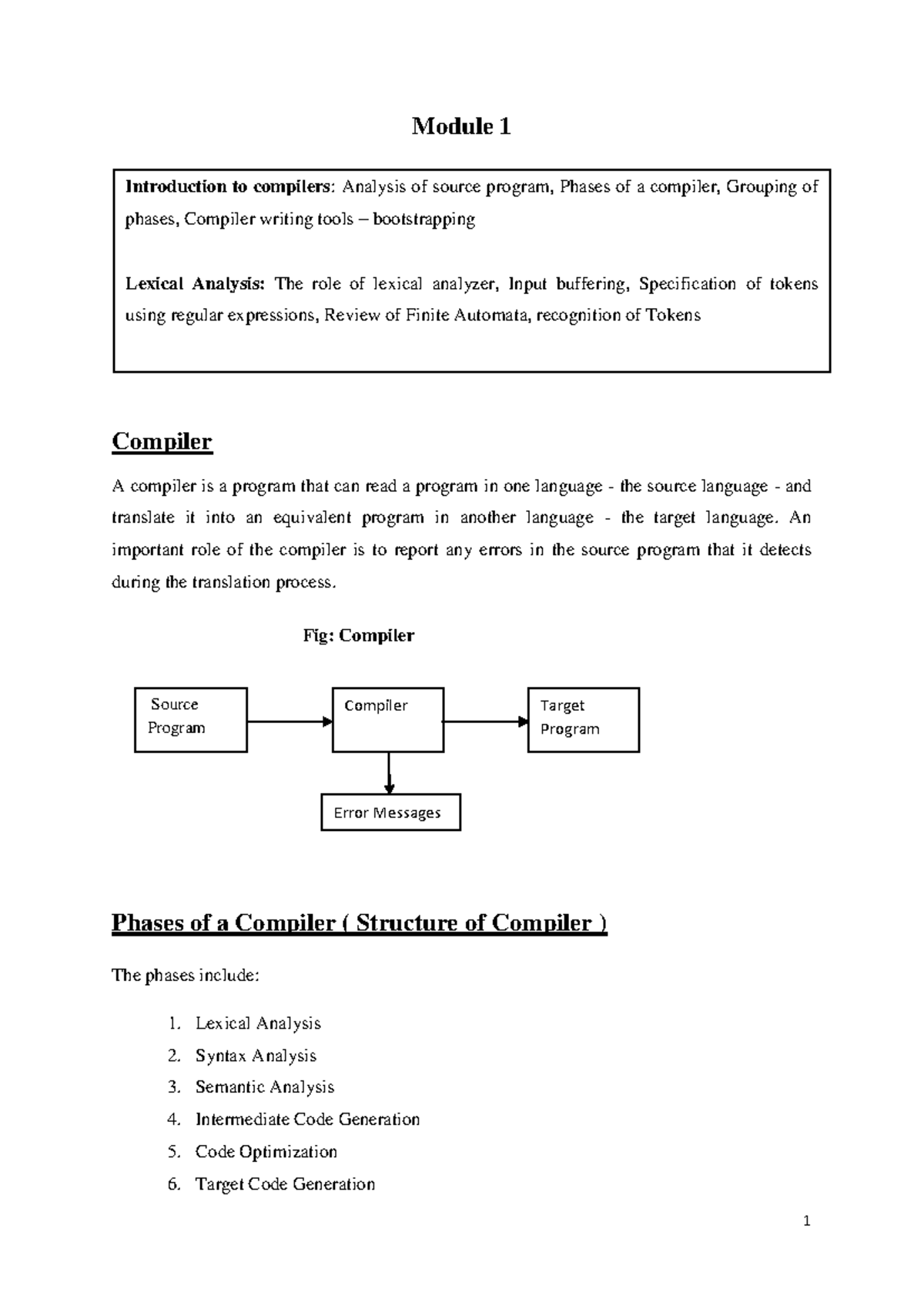 M1 - Mathematics - Module 1 Compiler A compiler is a program that can read a program in one ...