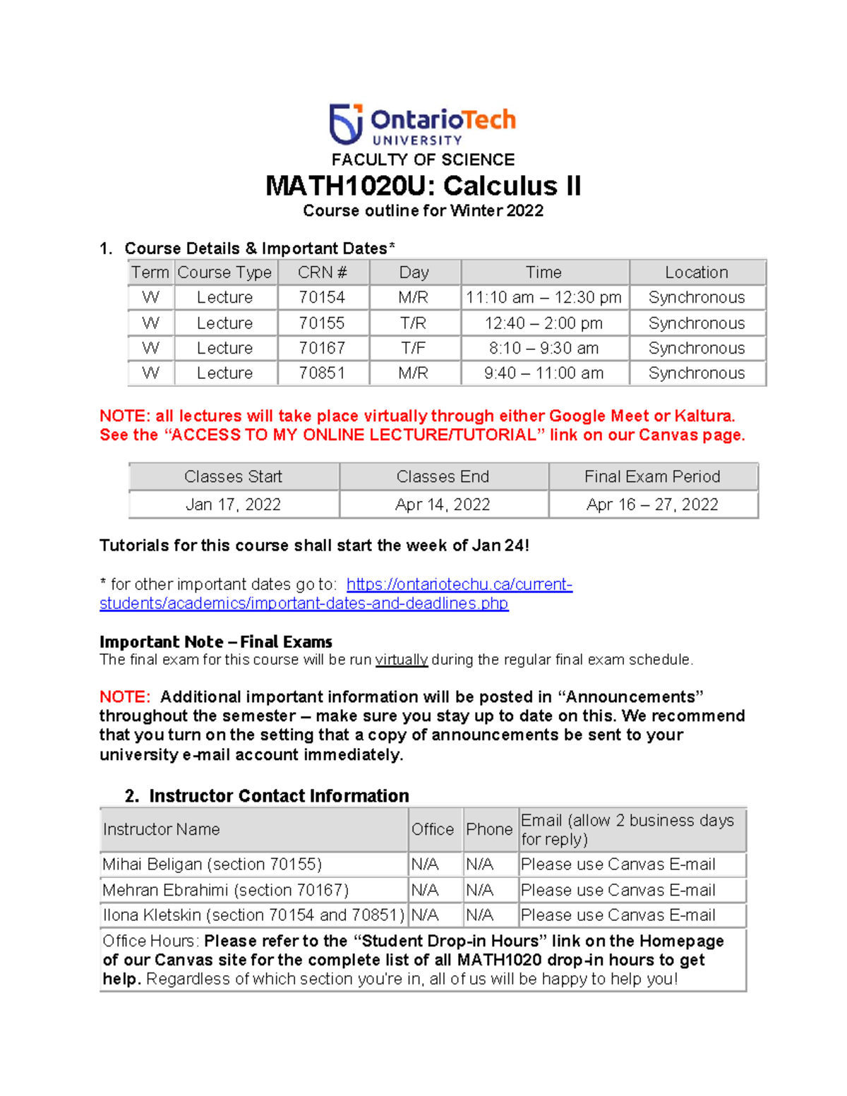 Syllabus 1020 w22-2 - FACULTY OF SCIENCE MATH1020U: Calculus II Course ...