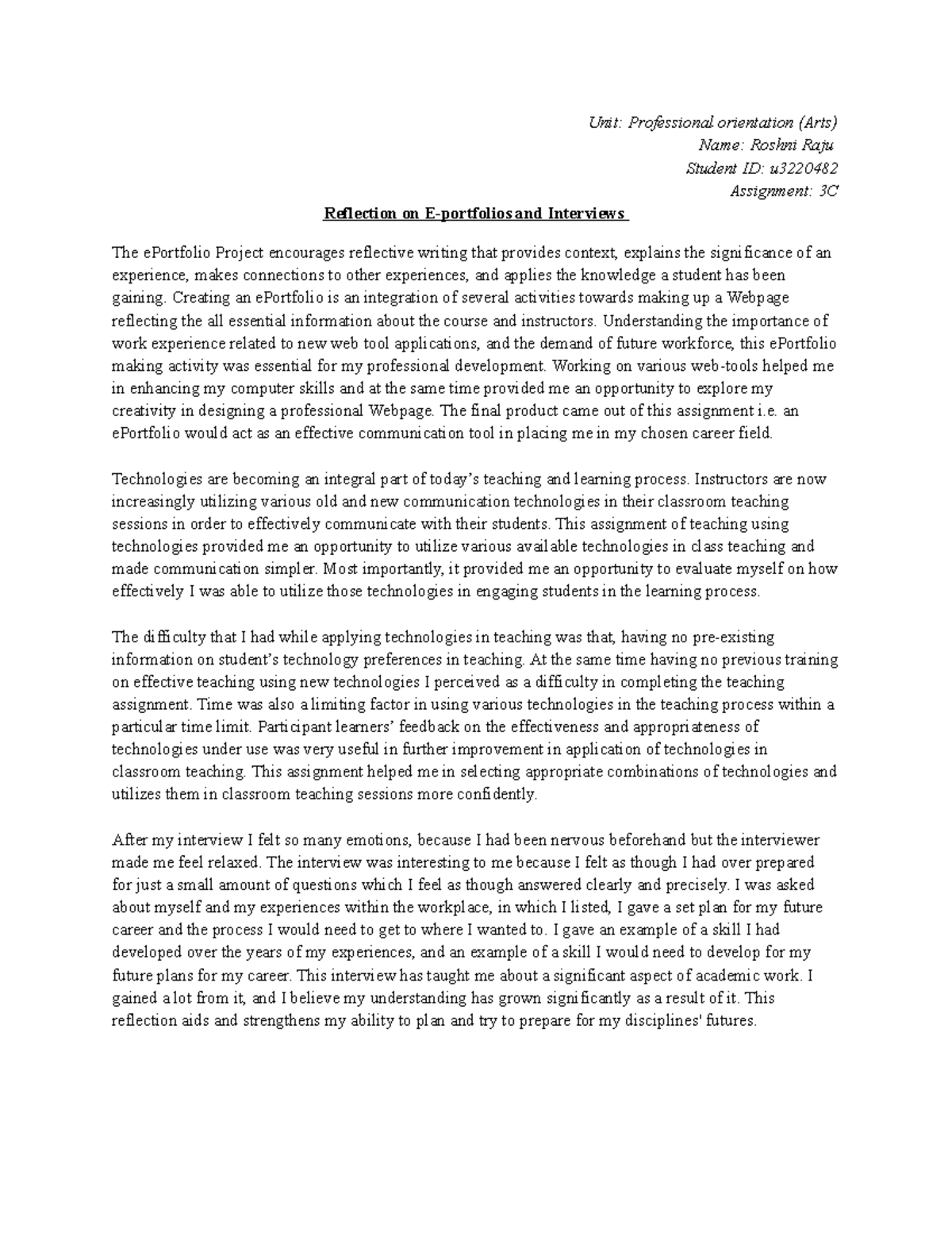Reflection on E-portfolios and Interviews - 10333.3 - UC - Studocu