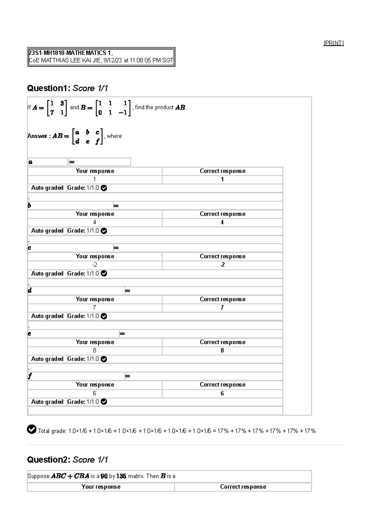 Nanyang Technological University - Production - Matrices Assignment ...