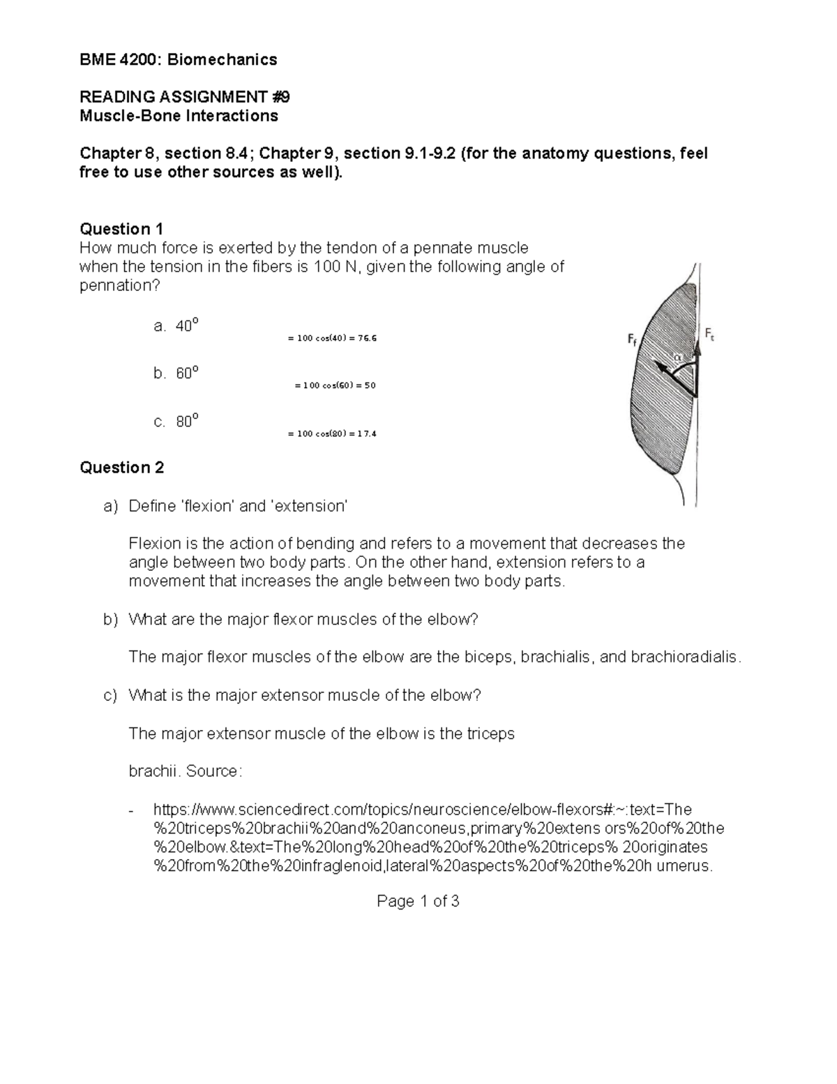 BME 4200 Reading 9 - BME 4200: Biomechanics READING ASSIGNMENT # Muscle ...