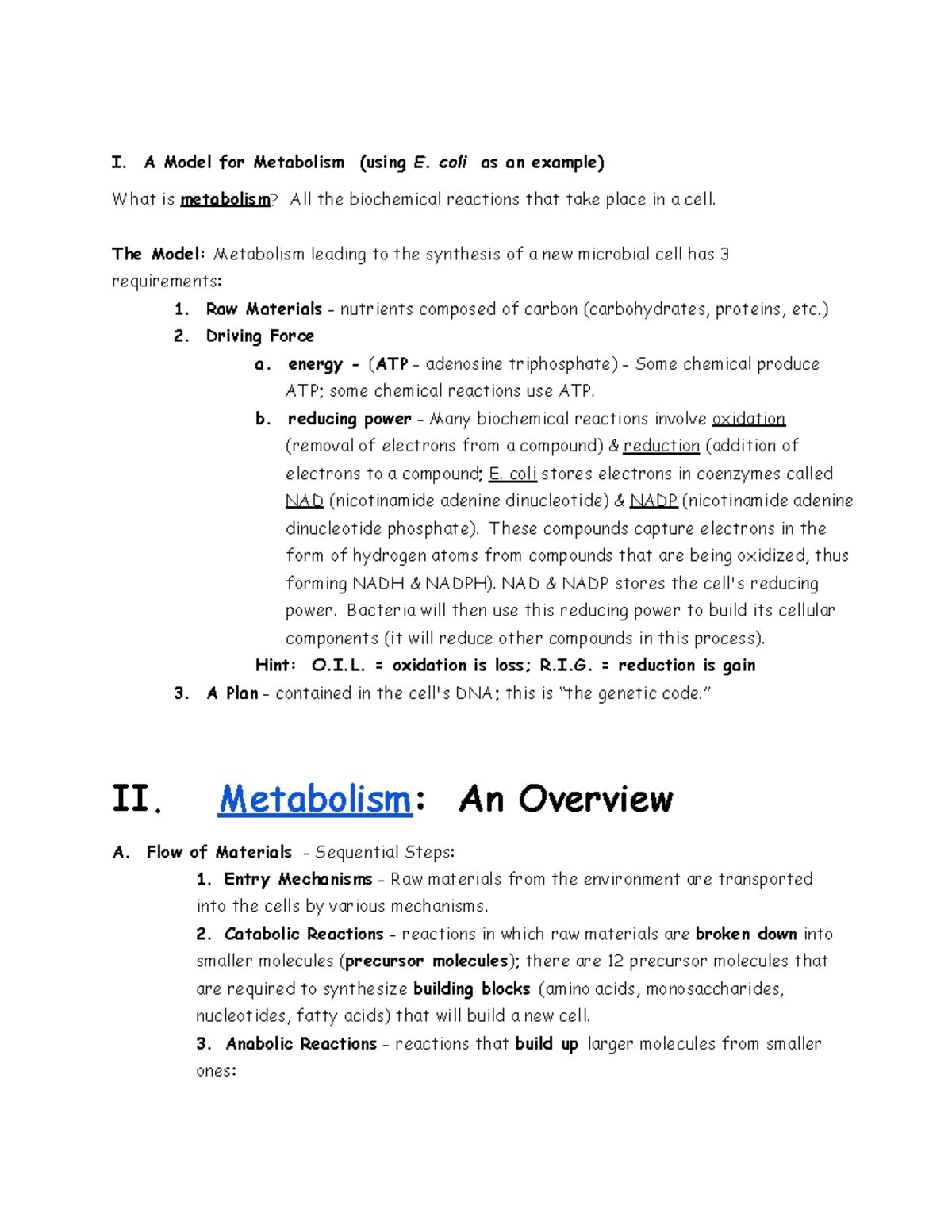 Microbiology Chapter 8 - Metabolism of Microbes - I. A Model for ...