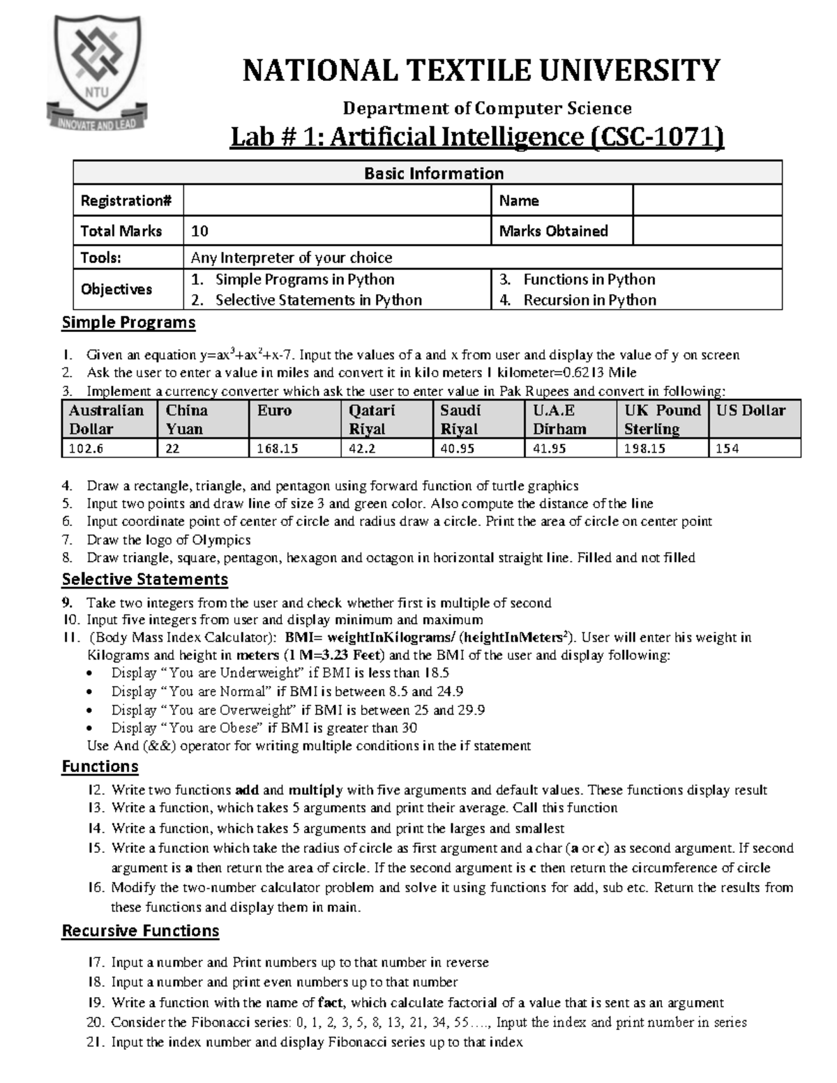 Lab1 - NATIONAL TEXTILE UNIVERSITY Department of Computer Science Lab # 1 : Artificial ...