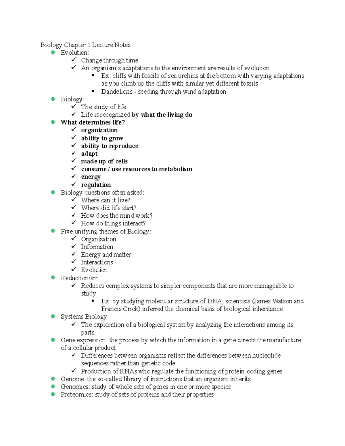 Bion Chapter 1 review - Lecture notes 1 - Biology Chapter 1 Lecture ...