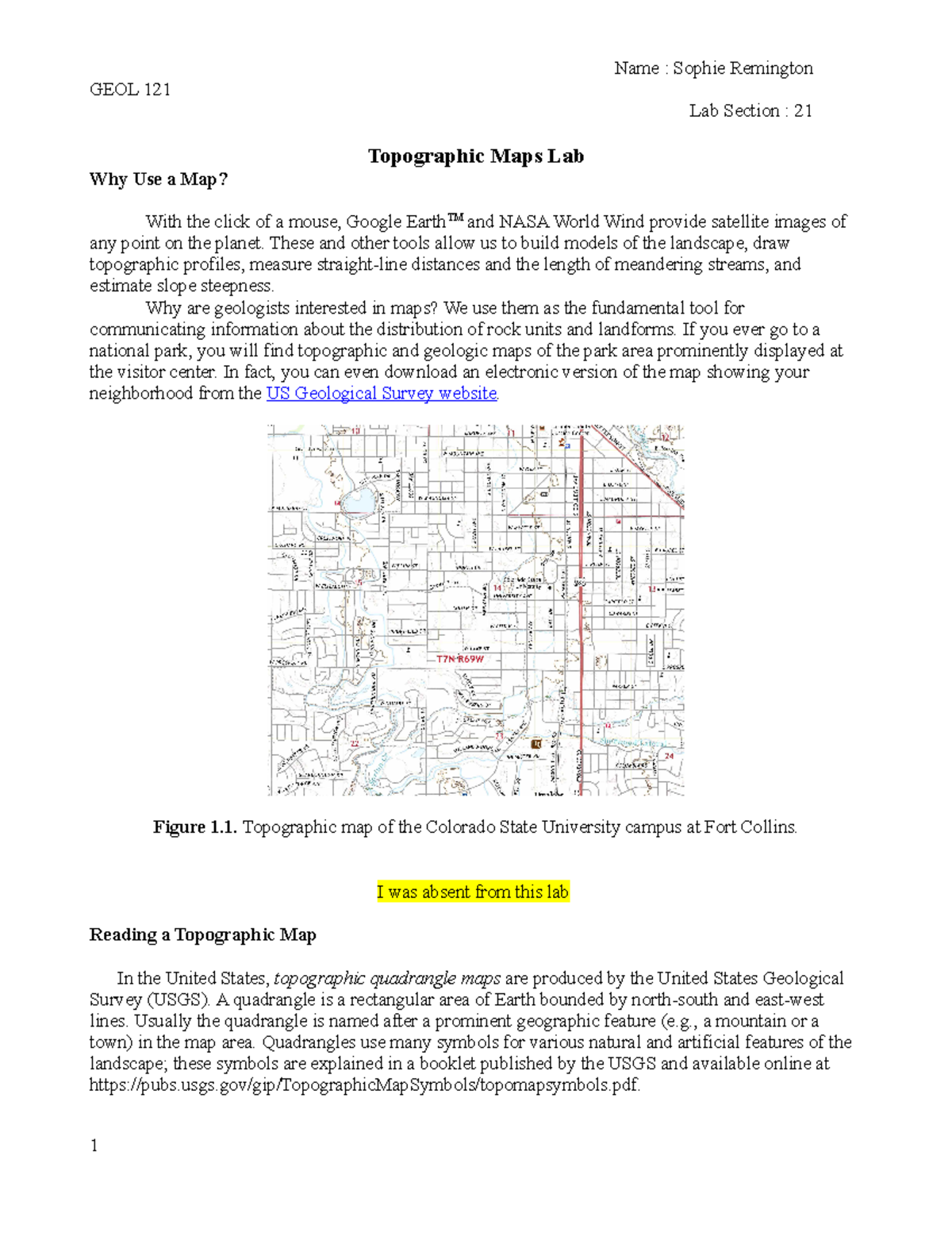 Topographic Maps Lab Student Handout v S22 - Name : Sophie Remington ...