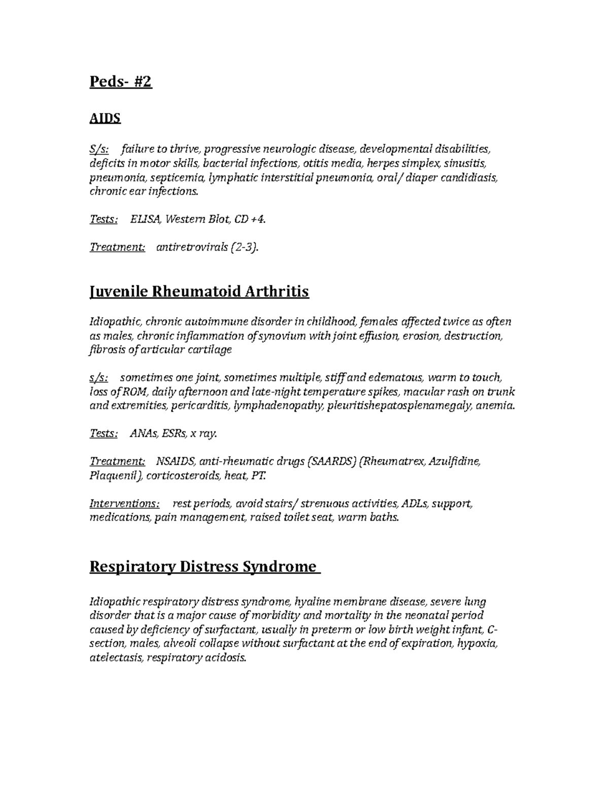 Peds - Peds Lecture notes - Peds- AIDS S/s: failure to thrive ...