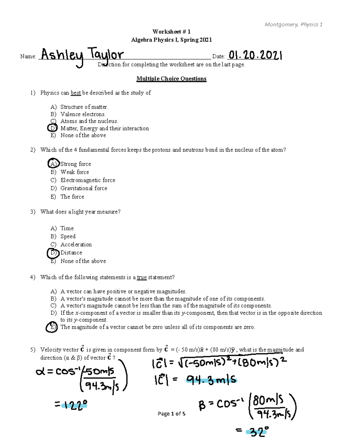 Worksheet 1 - montgomery - Page 1 of 5 Worksheet # 1 Algebra Physics I ...