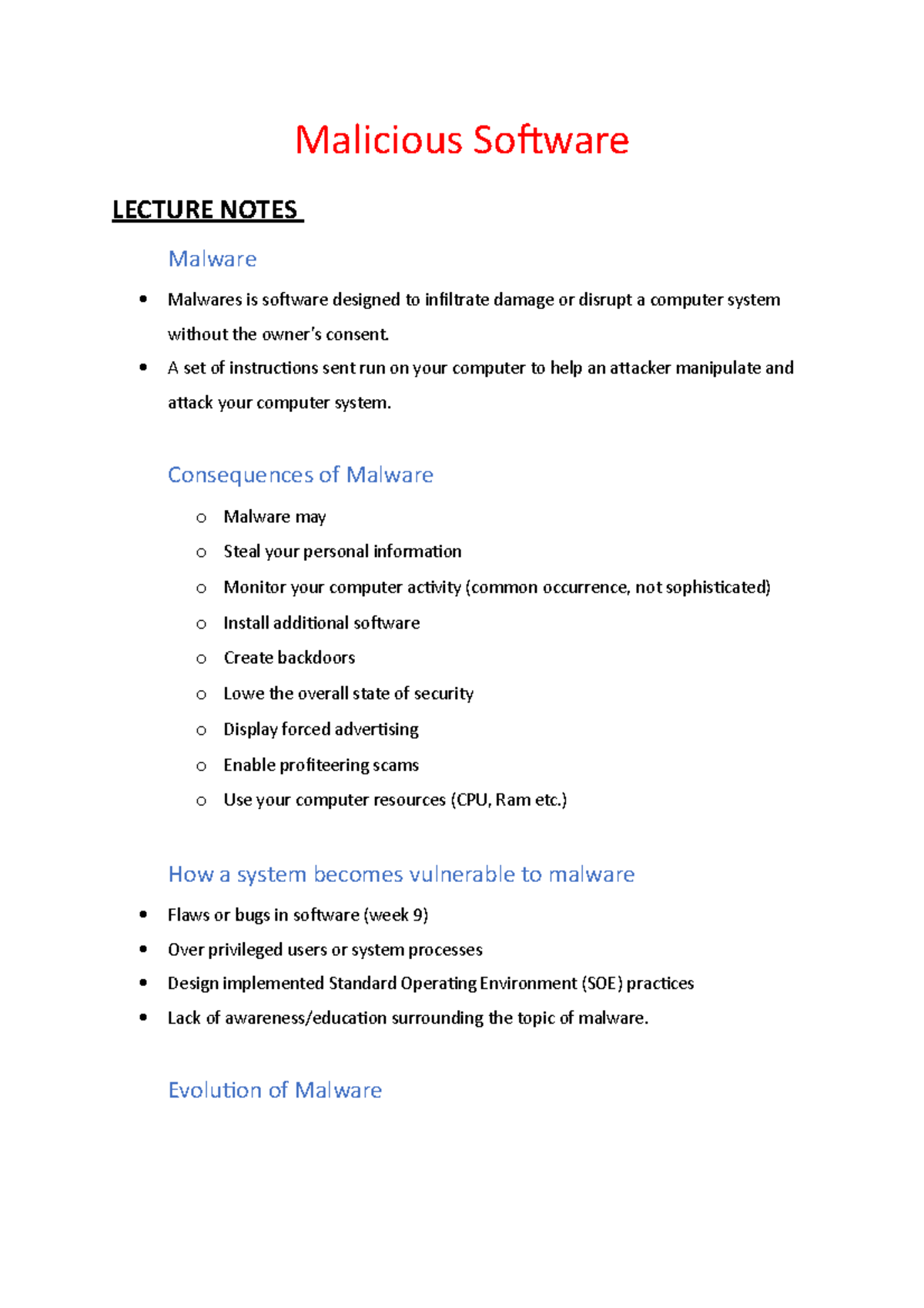 Lecture 3 - Malicious Software - Malicious Software LECTURE NOTES ...