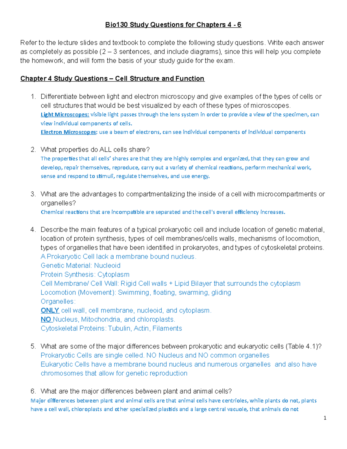 Bio130 Study Questions - Chapters 4 - 6 - Bio130 Study Questions for ...