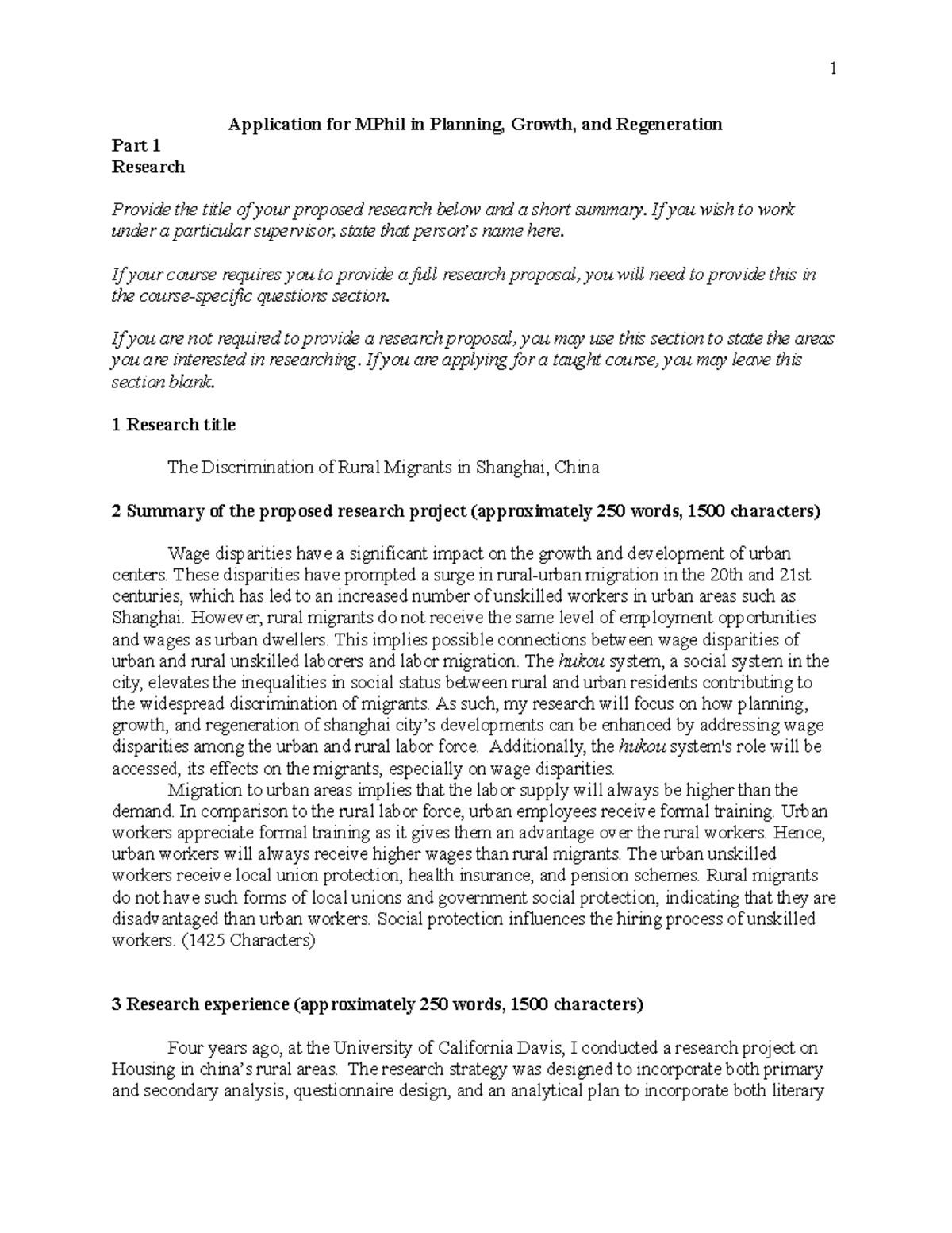 Application for mphil planning 1 - Application for MPhil in Planning ...