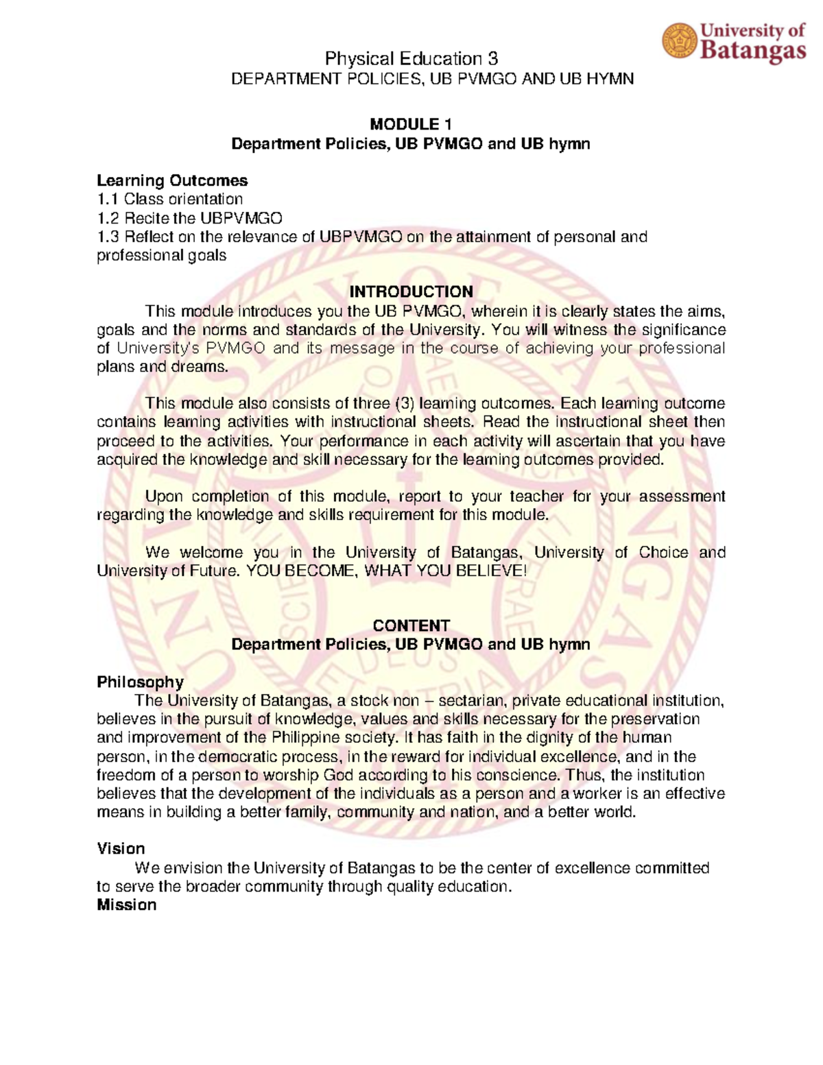 PE - physical education module - Physical Education 3 DEPARTMENT ...