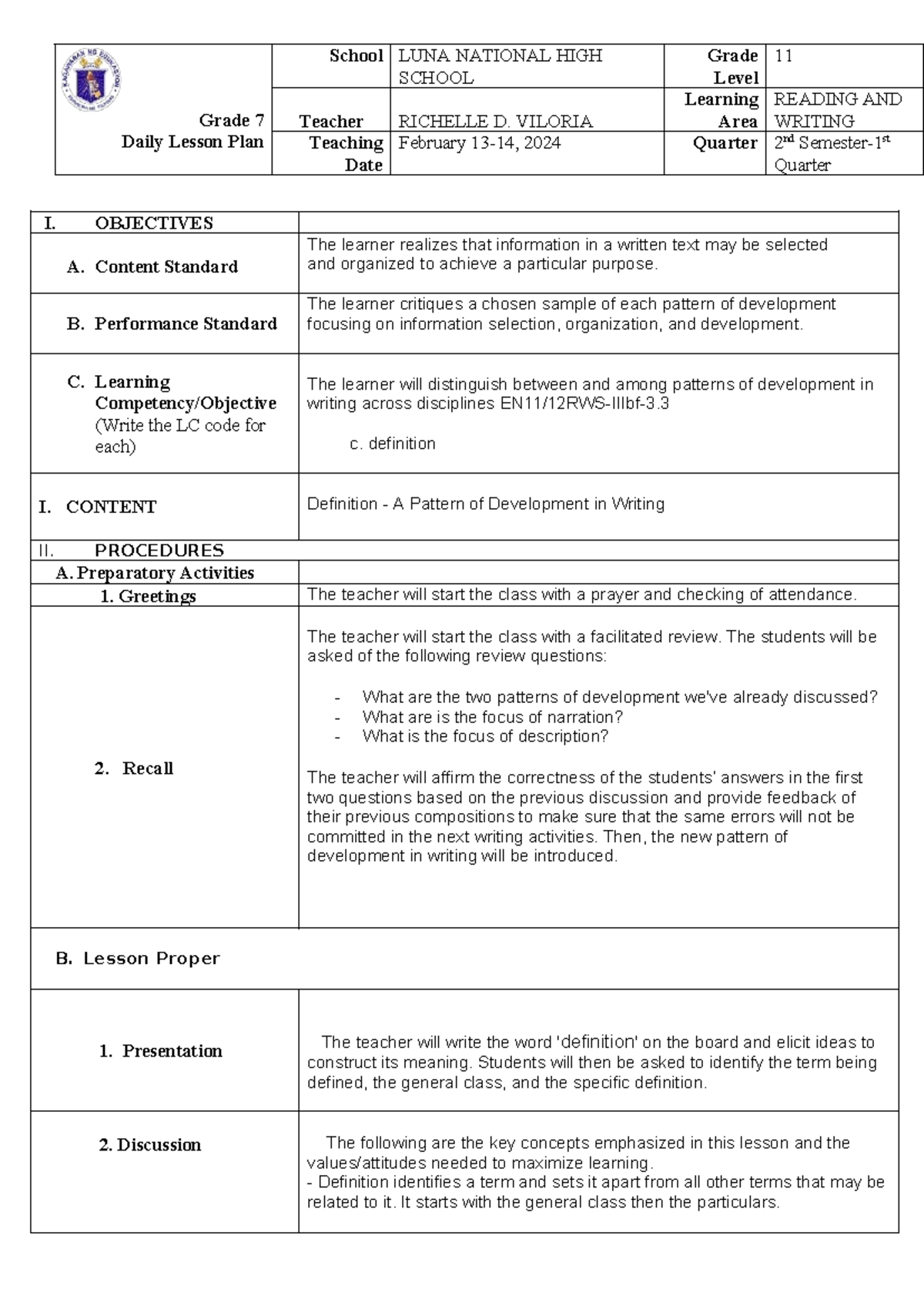 Daily Lesson Plan - Grade 7 Daily Lesson Plan School LUNA NATIONAL HIGH ...