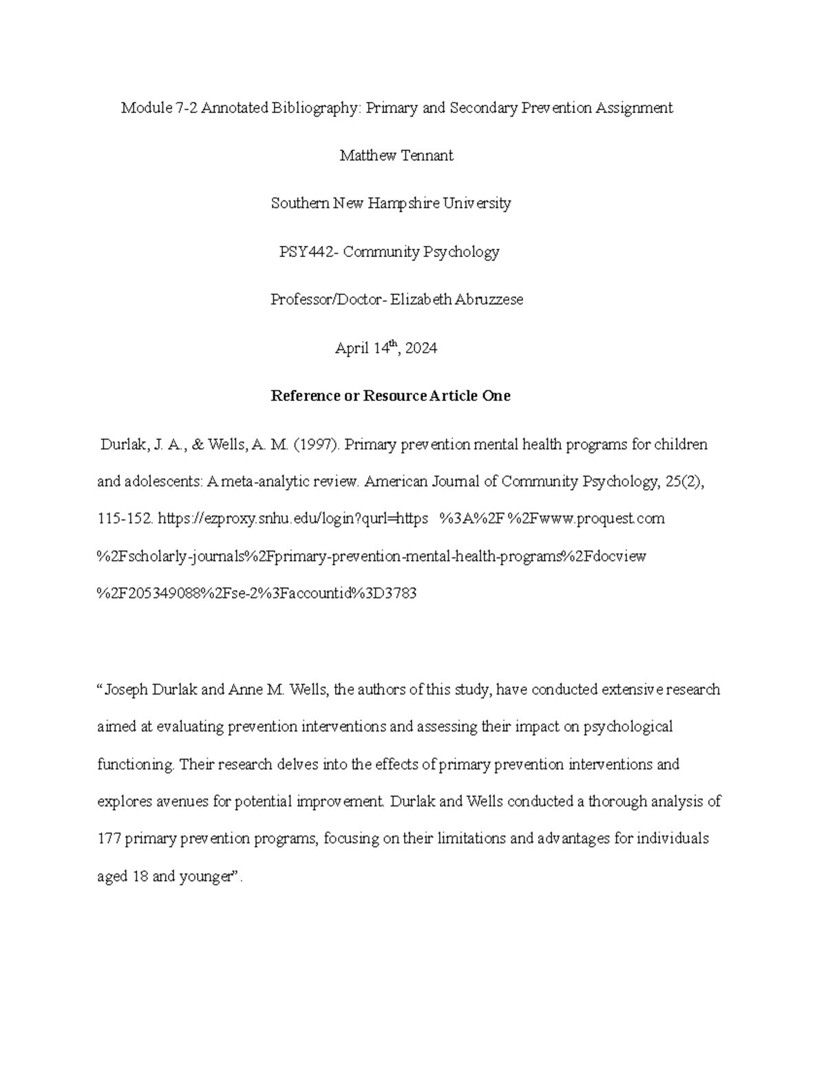 Matthew Tennant's PSY442 Week 7 Module 7-2 Annotated Bibliography ...