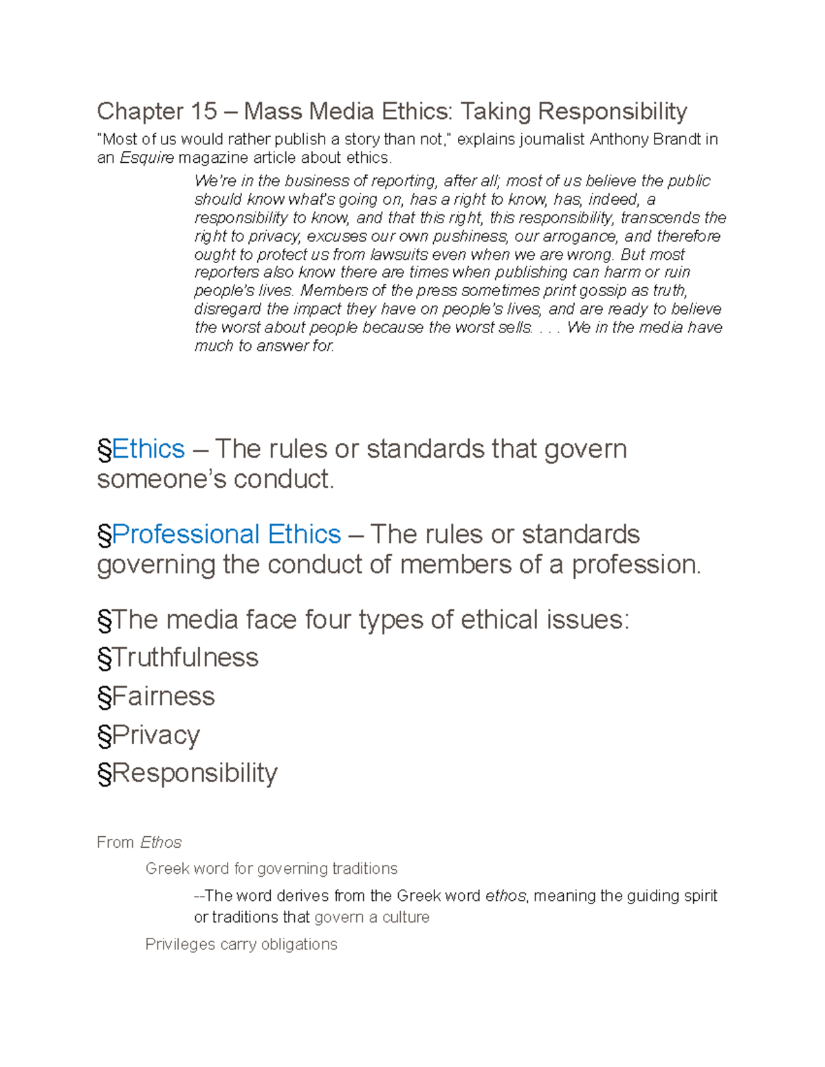 Chapter 15 – Mass Media Ethics Taking Responsibility - Chapter 15 ...