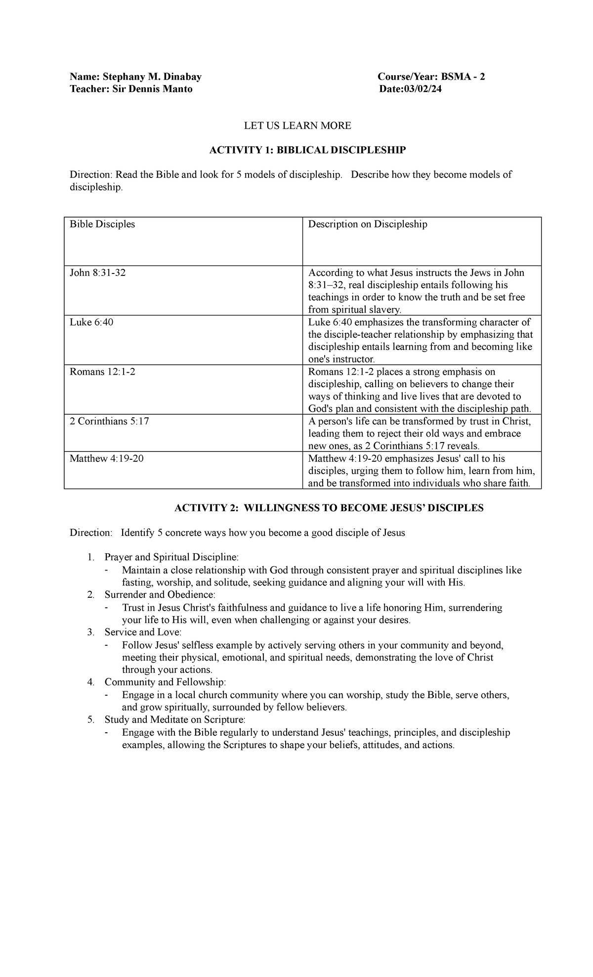 Rs Activity 1 Biblical Discipleship Name Stephany M Dinabay