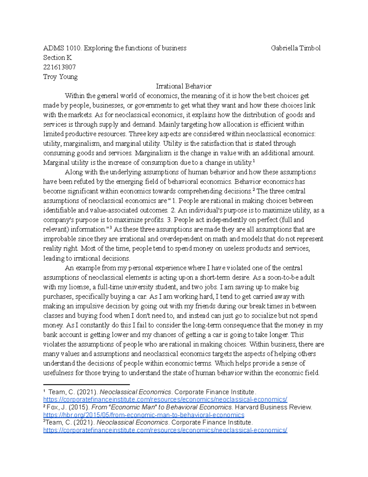 ADMS 1010 - Week 4 Assignment - ADMS 1010. Exploring the functions of business Gabriella Timbol ...